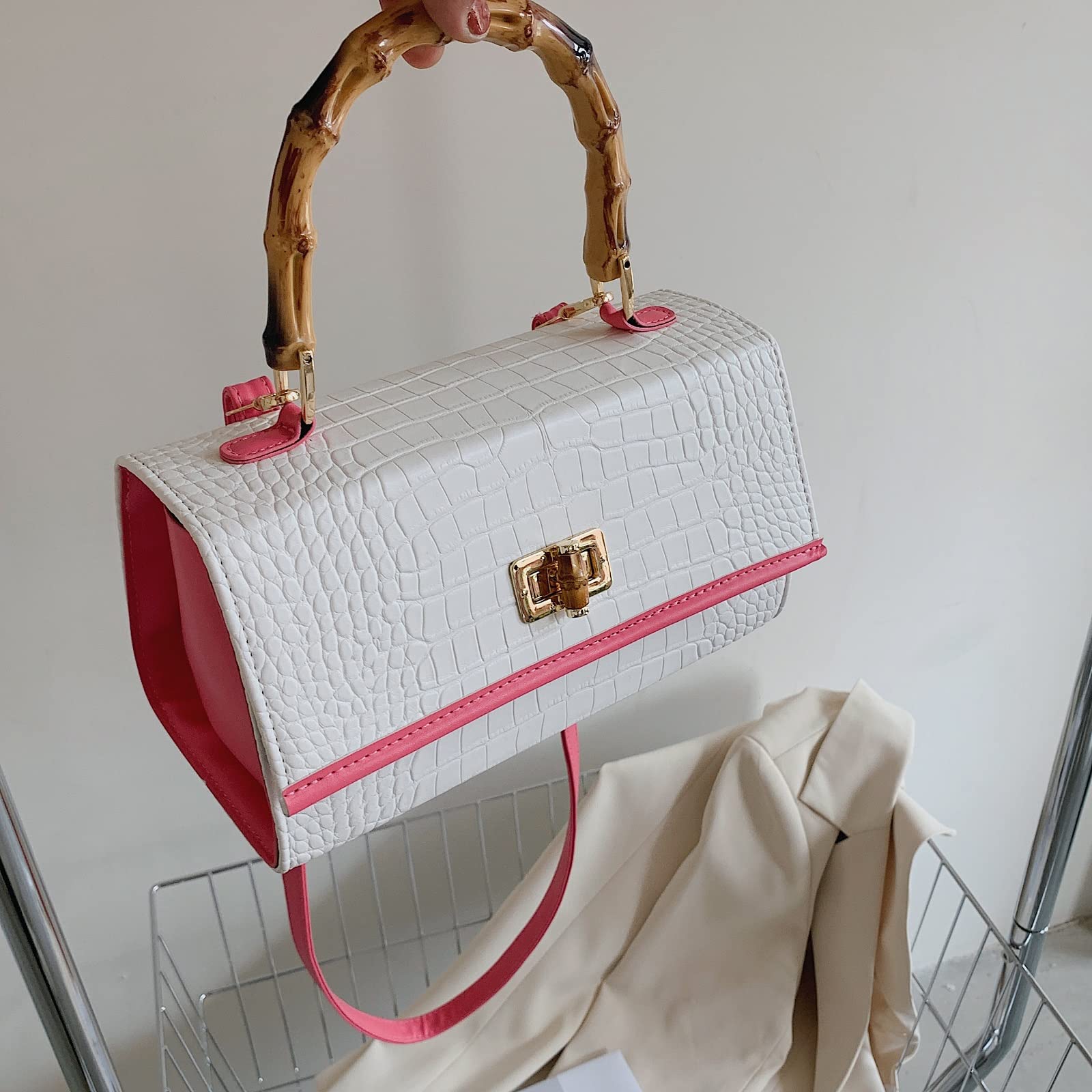 seropian Women's Small Leather Rectangular Handbag Crossbody Purse Handbag Shoulder Bag Handle Satchel Purse Boho Shoulder Bag (pink)