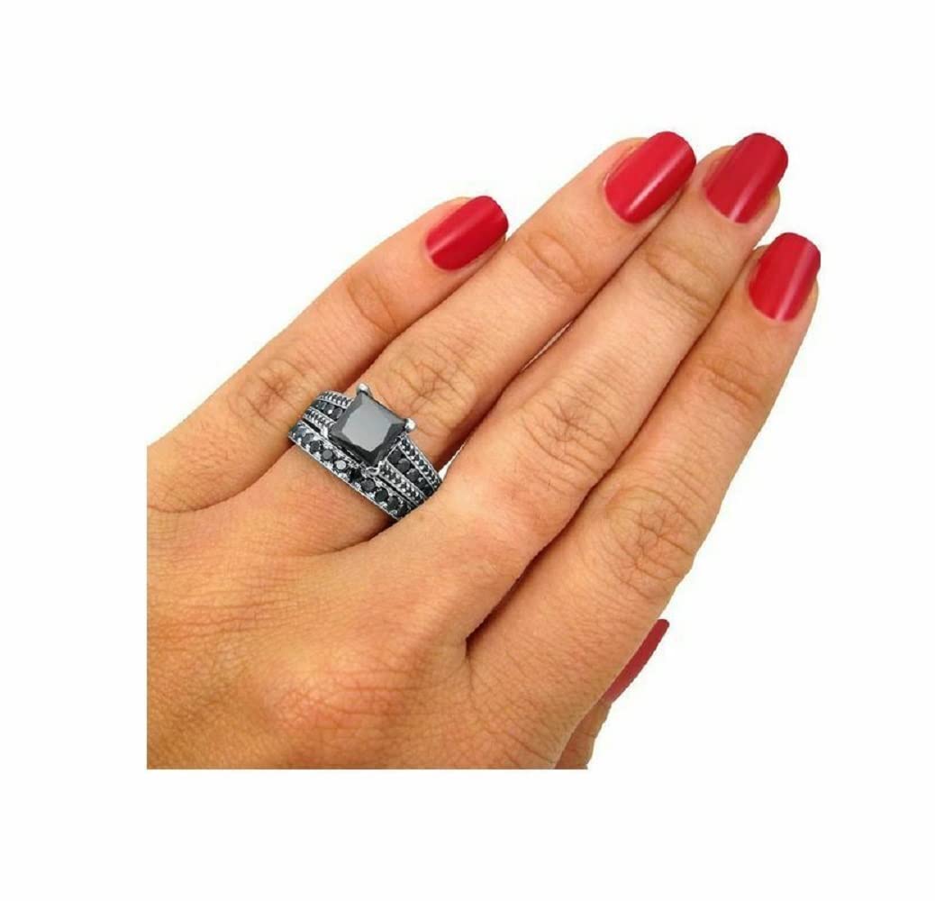 Samarth Princess & Round Cut Black Diamond 925 Sterling Silver 14K White Gold Over Diamond Wedding Engagement Bridal Ring Set for Women's