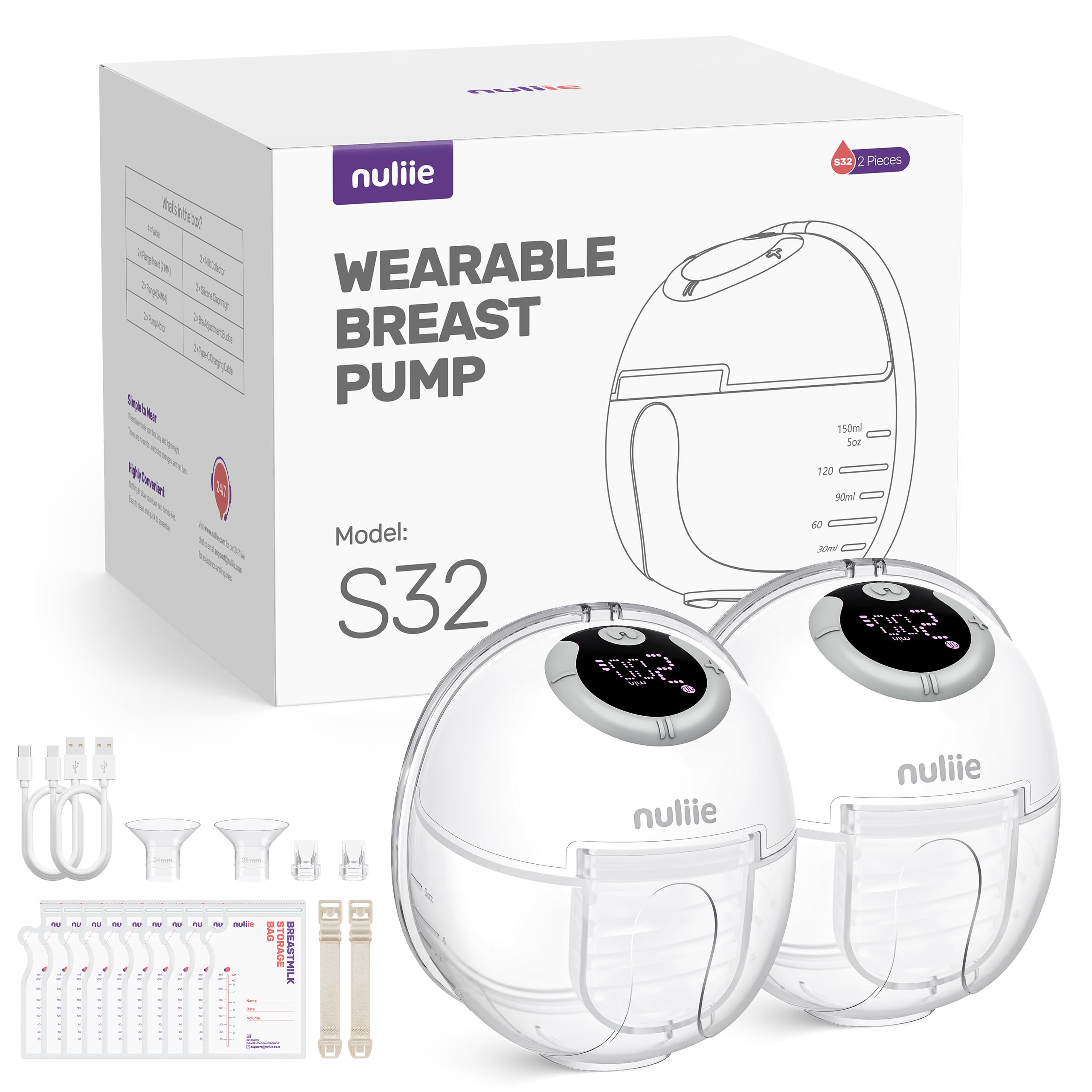 Nuliie Hands-Free Breast Pump S32, Electric Wearable Breast Pumps 4 Modes 9 Levels, More Private, 24MM Comfortable Flange, Memory Function, Replaced Accessories Included (2 Packs, White)