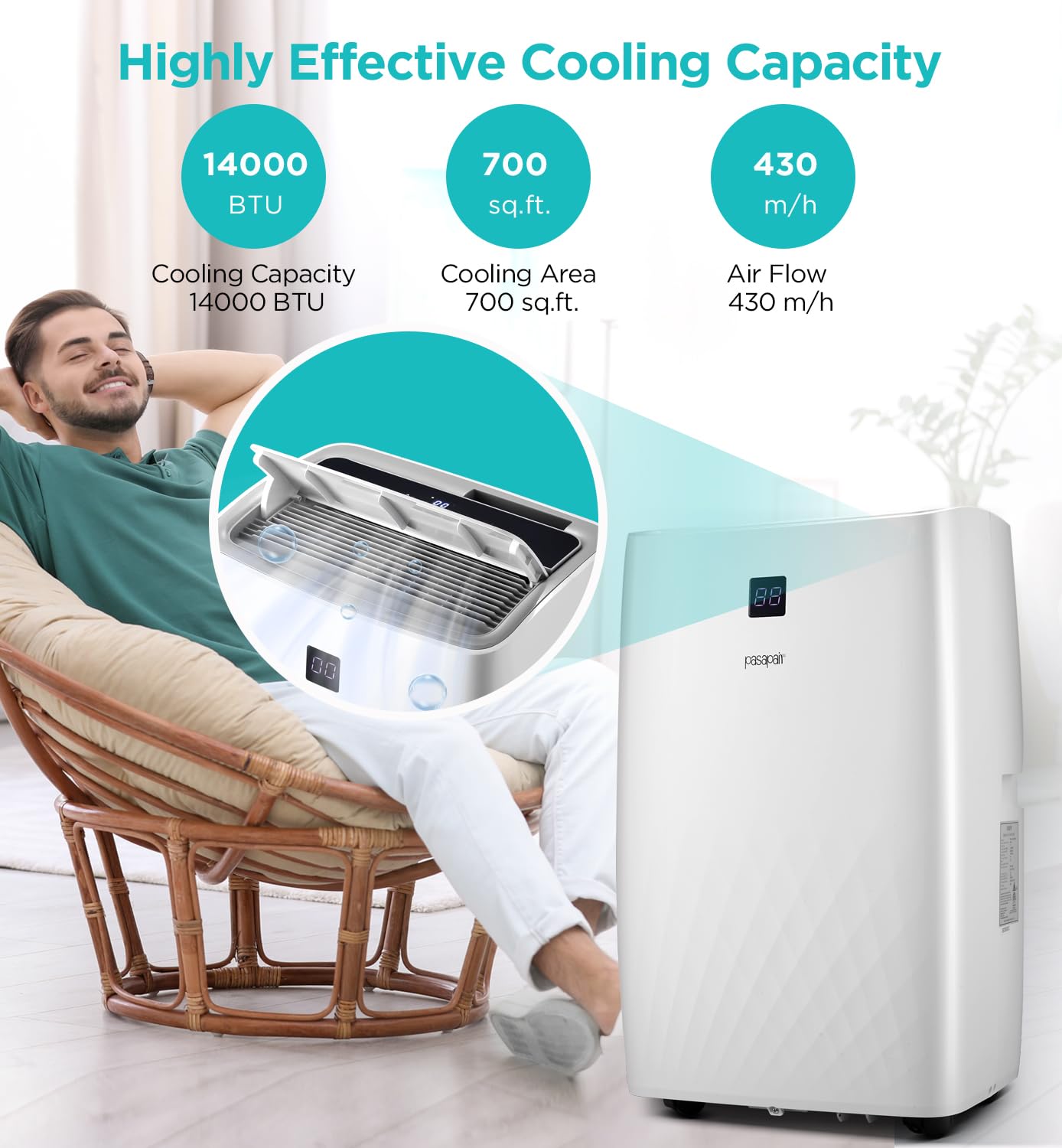 Voice-Enabled Portable Air Conditioner – Pasapair 14000 BTU Portable AC for Room with APP - 4-in1 AC Unit with Auto Swing & Window Kit included