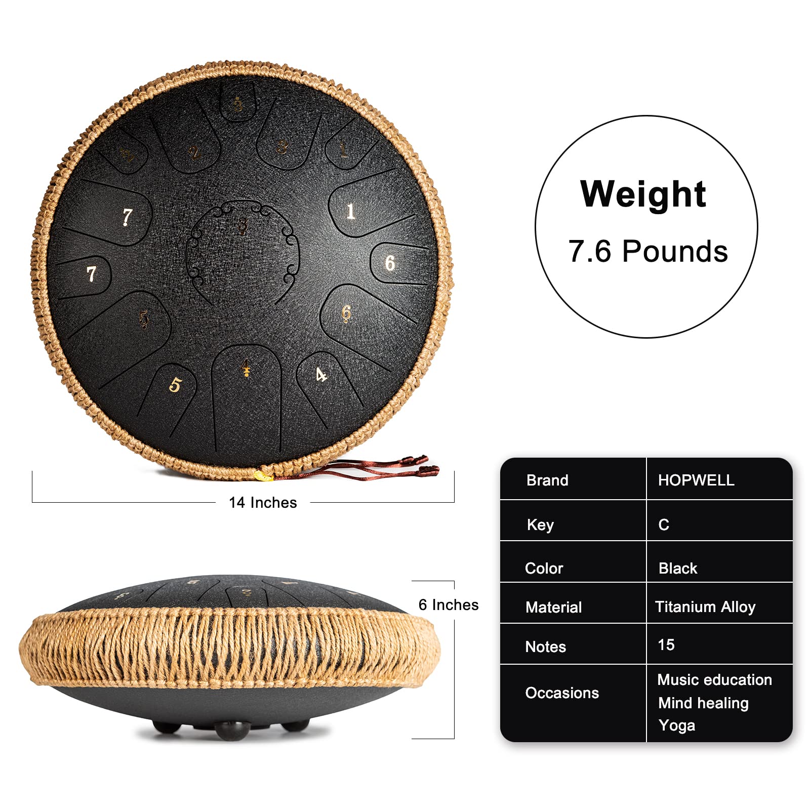 Steel Tongue Drum - HOPWELL 14 Inches 15 Notes - Percussion Instruments - Hand Pan Drums with Music Book, Drum Mallets and Carry Bag, C Major (Black)
