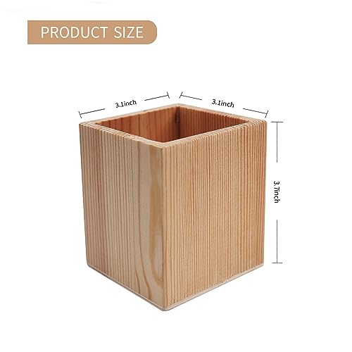 ZUFECY DIY Wooden Pen Holder Desk, Pencil Cup Makeup Brush Holder, Desktop Organizer Storage Case Stationery for School Home Office Supplies (Square)