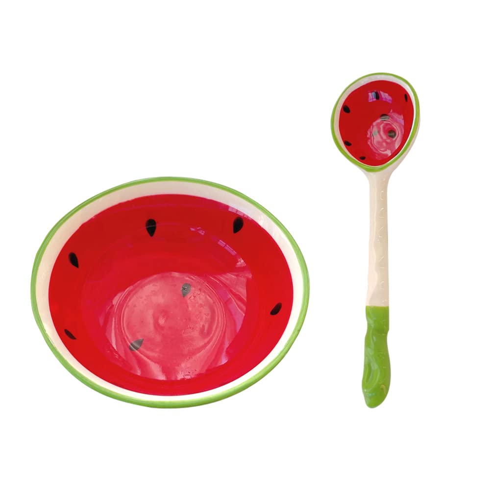 Porcelain Bowl Ceramic Appetizer Plate Watermelon Shape Rice Soup Bowl with Spoon Dessert Salad Pasta Bowls Food Serving Tray for Fruit Cheese Dessert Snack Soup Cereal Bowl