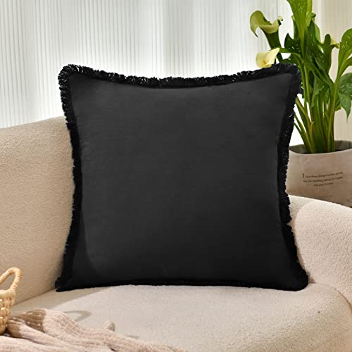 ZWJD Farmhouse Pillow Covers 22x22 Set of 2 Black Throw Pillow Covers with Fringe Chic Cotton Decorative Pillows Square Cushion Covers for Sofa Couch Bed Living Room Boho Decor