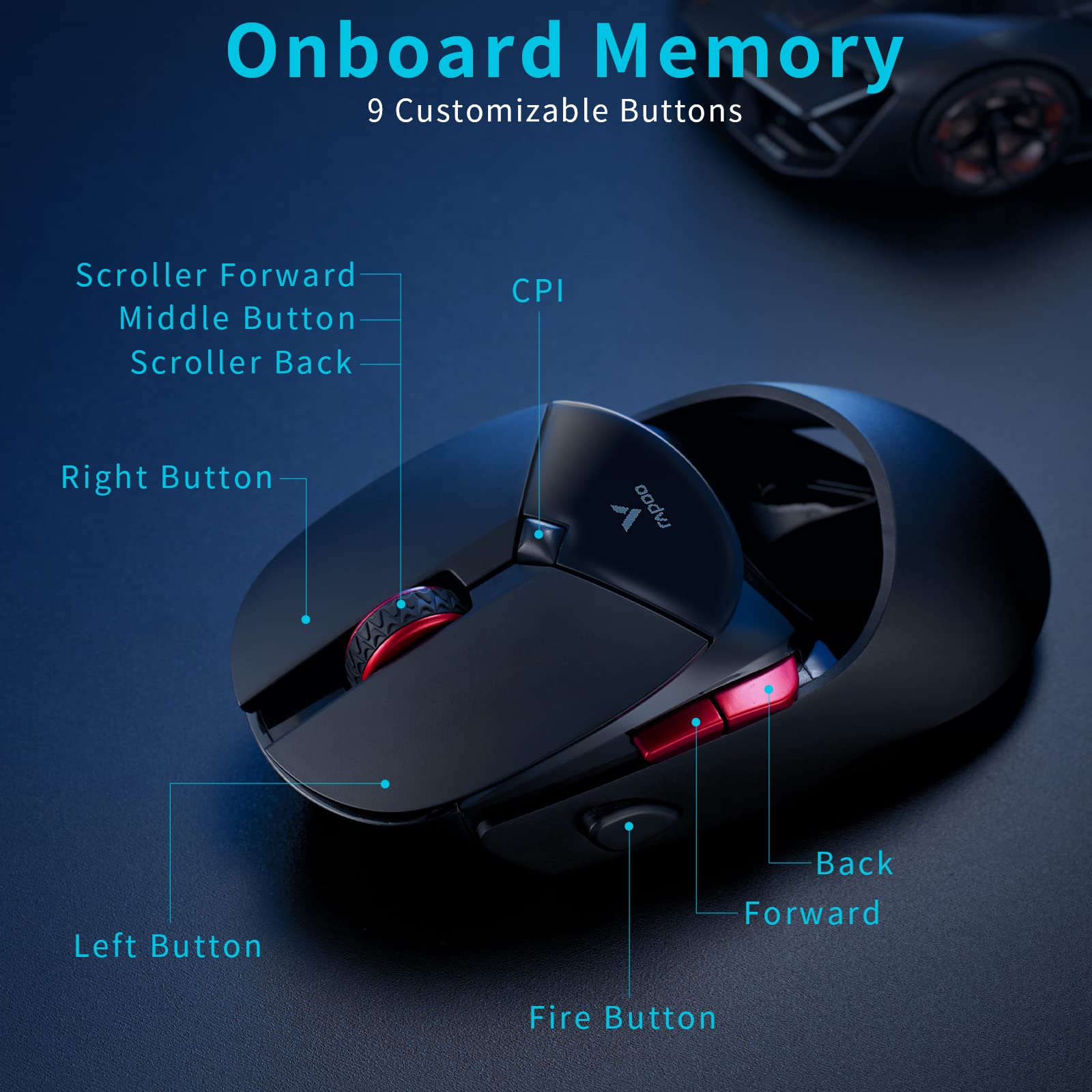 Rapoo VT960S High Performance Wireless Gaming Mouse PAW3370 Sensor 19000 DPI, OLED Display Wired/Wireless Modes with Lightsync RGB, 9 Programmable Buttons, On-Board Memory for PC Computer Laptop