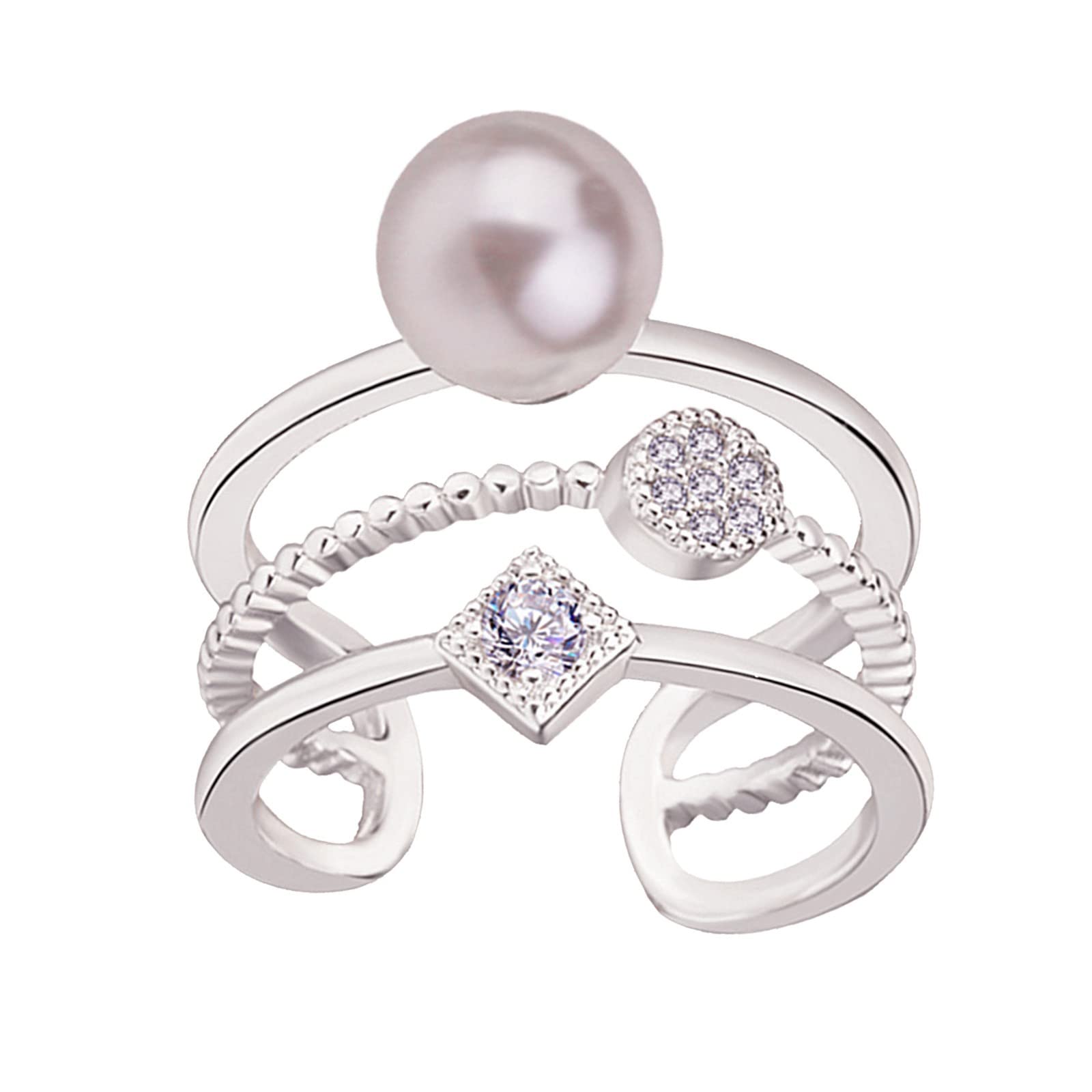 Outsta Toys Women Pearl Ring,925 Sterling Silver Cubic Zirconia Ring Opening One Size Wedding Rings Sliver Ring-114