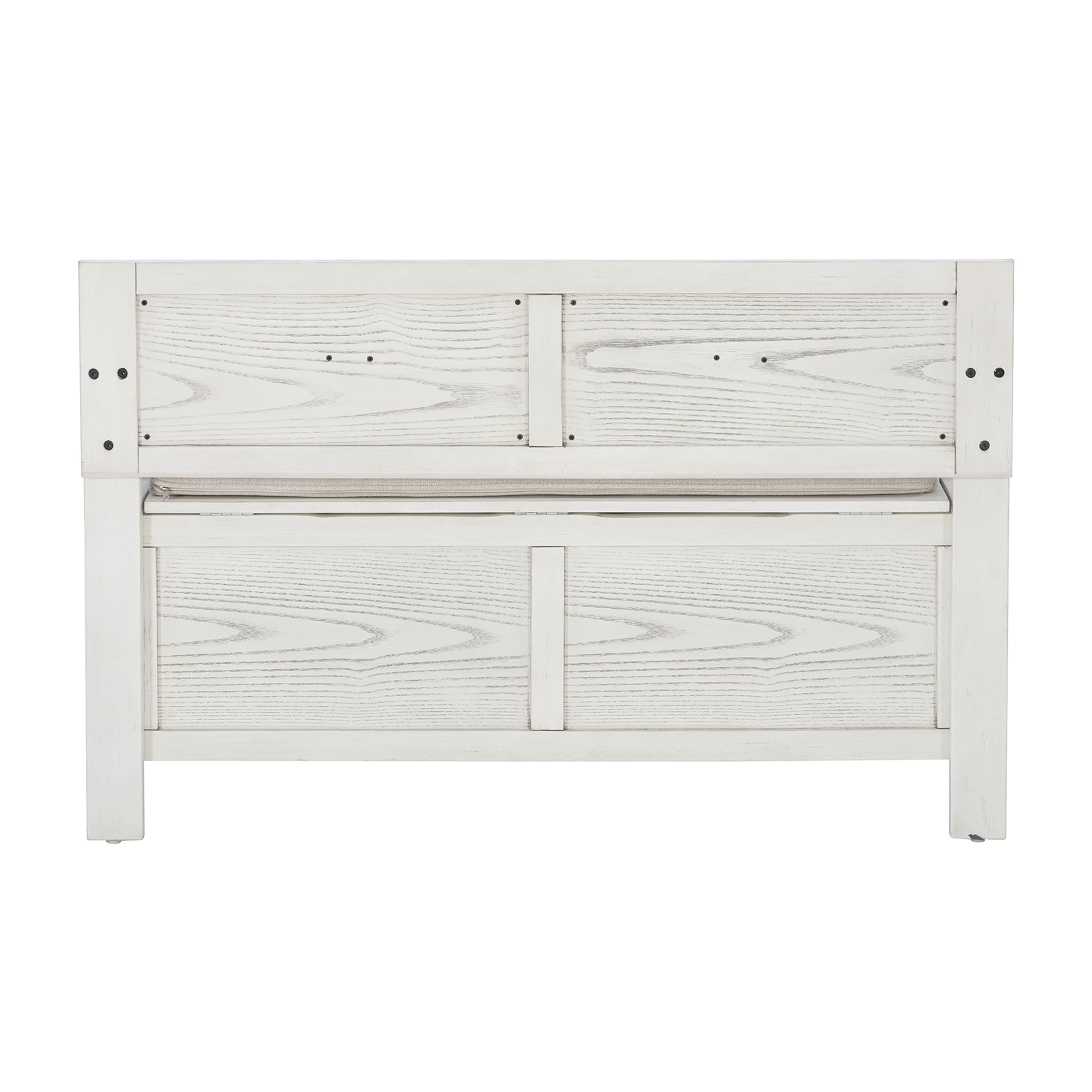 Linon Carlton White Storage Bench with Beige Upholstered Back and Cushioned Seat, Smokey Grey