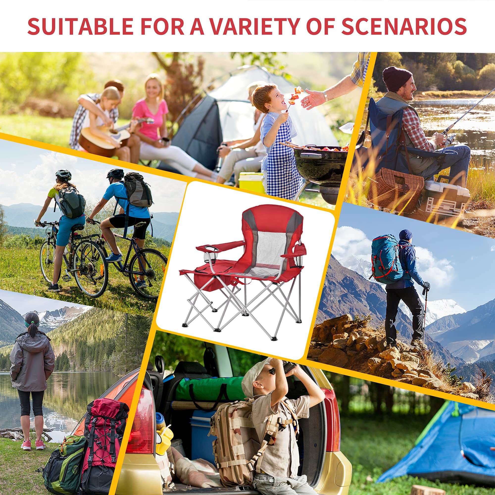 Outsunny Folding Camping Chair with Portable Insulation Table Bag, Two Cup Holders for Beach, Ice Fishing and Picnic, Red
