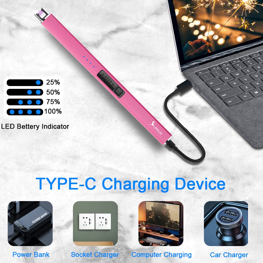 MeeToo Fluorescent Lighter Electric Candle Lighter Rechargeable USB Lighter Plasma Arc Windproof Grow in The Dark for Candle Party (Pink)