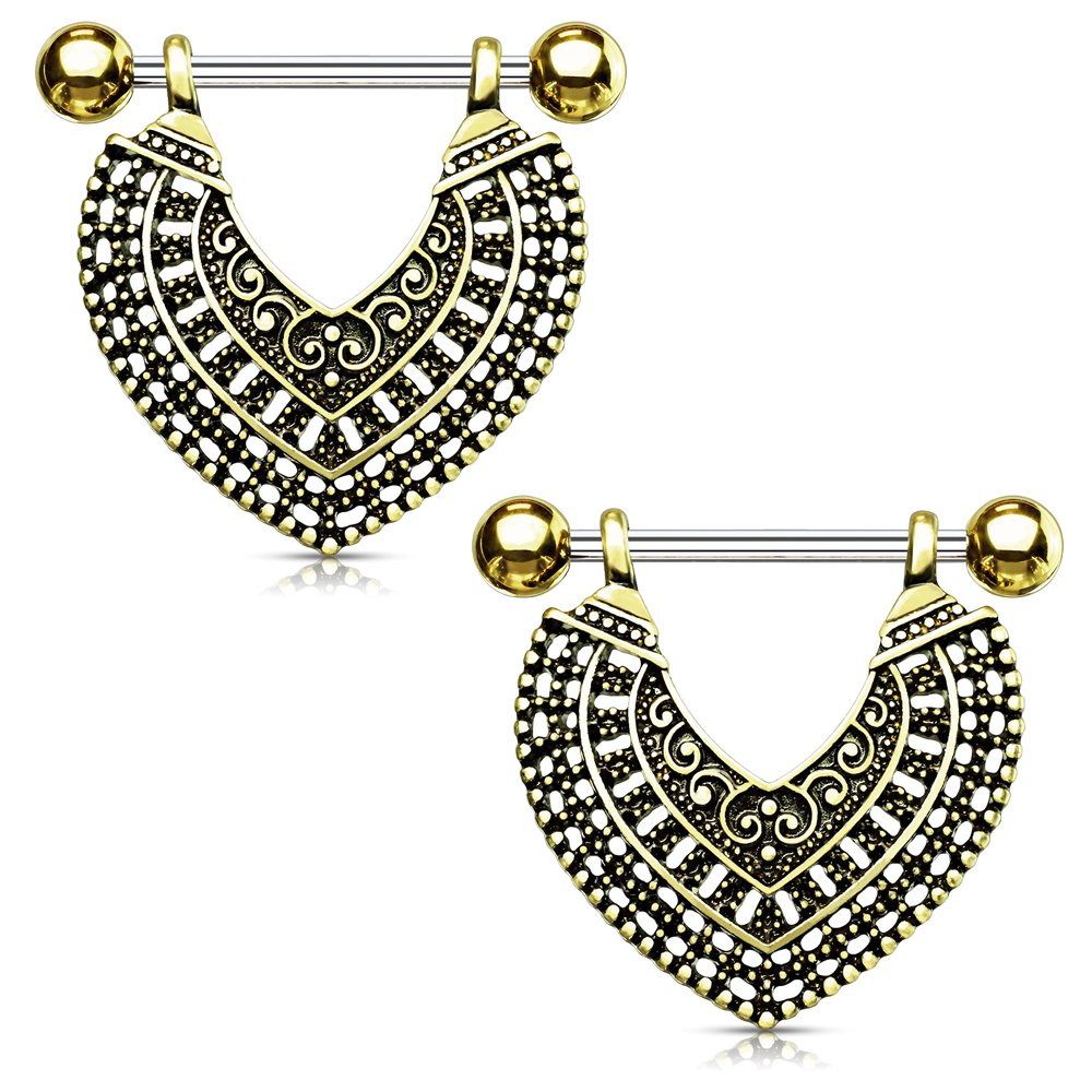 MoBody One Pair Surgical Steel Vintage Heart Dangle Nipple Ring Shield Body Piercing Jewelry 14G (1.6mm) (Gold-Tone)