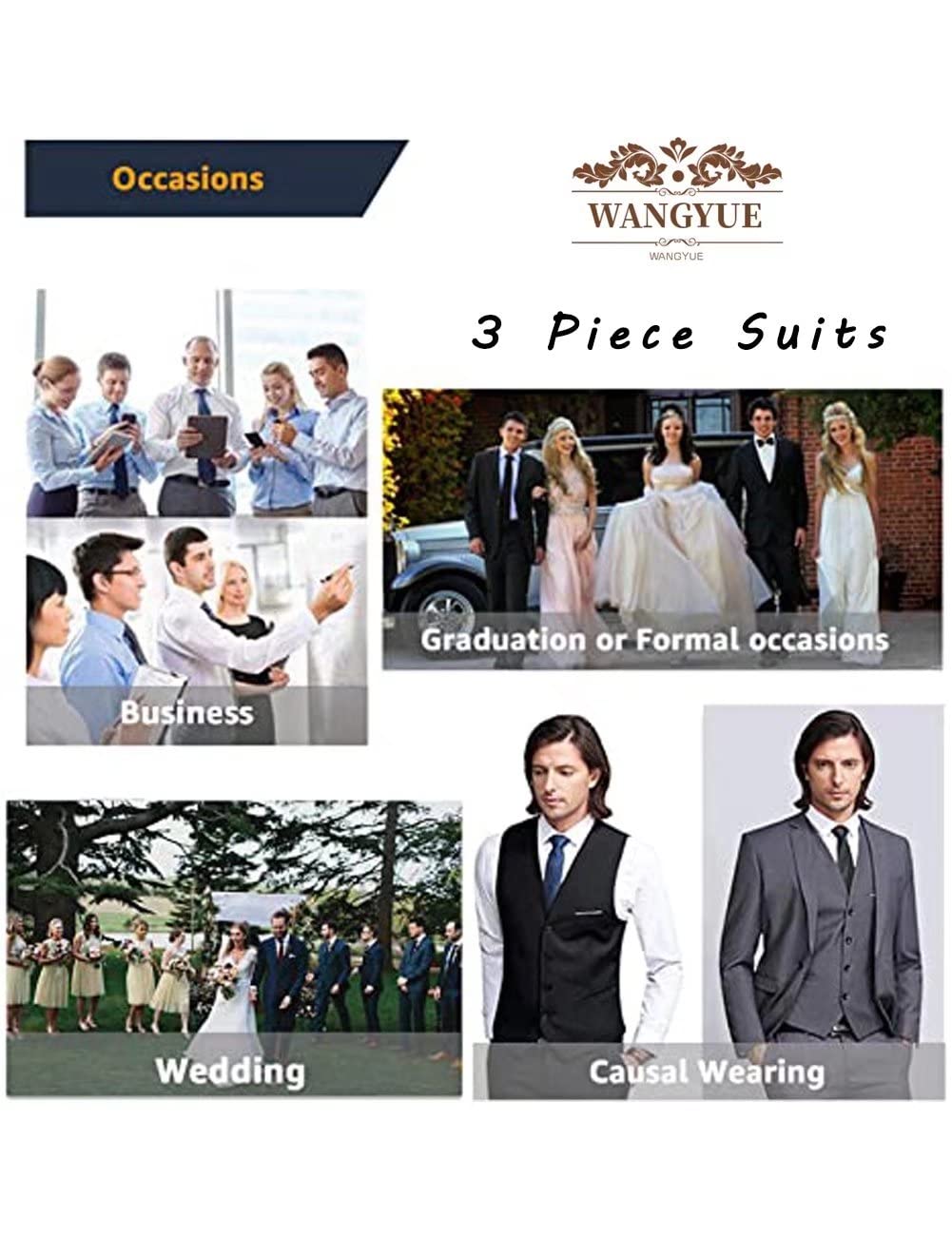 Mens Stylish 3 Piece Dress Suit Classic Fit Wedding Formal Jacket & Vest & Pants Black 4XL