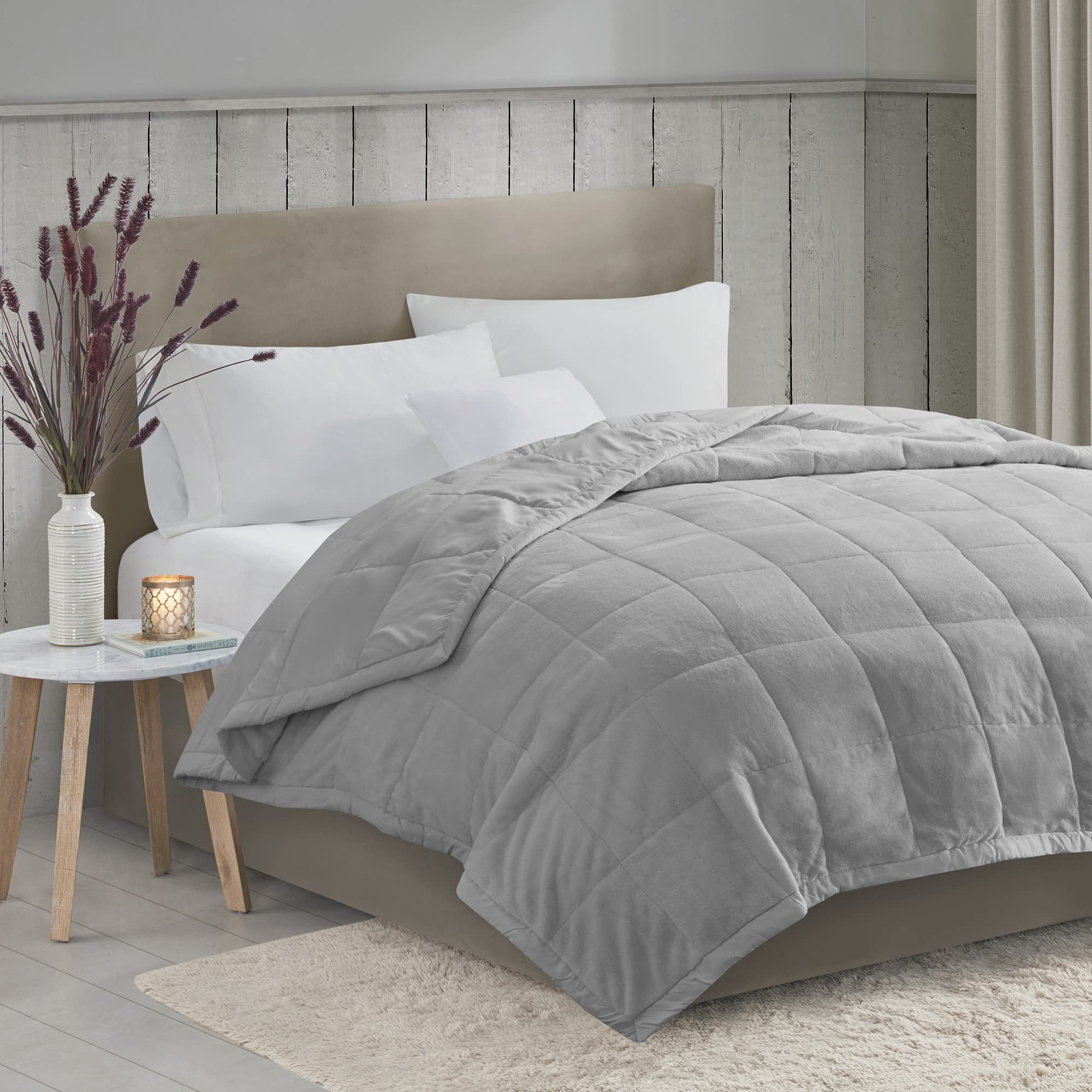 Madison Park Queen Cozy Blanket HeiQ Smart Temperature Plush to Microfiber Reverse Box Quilting, Reversible, Soft All Season, Lightweight Summer Cover, for Bed, Couch and Sofa, Full/Queen, Grey