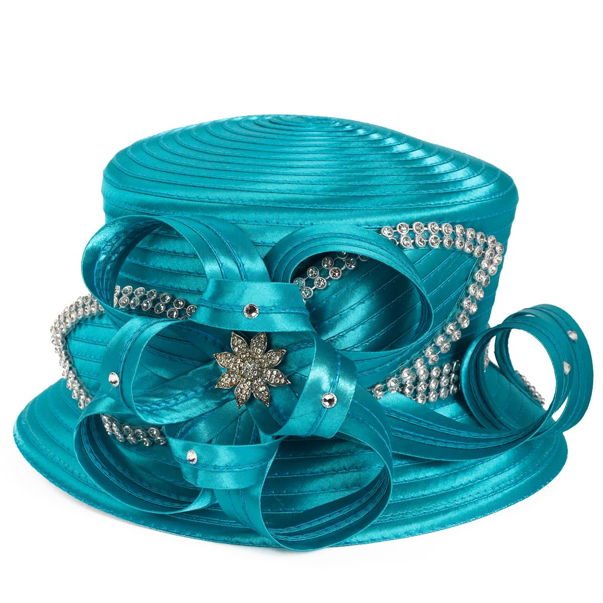 VECRY Womens Church Baptism Wedding Hat Tea Party Derby Dress Hats with Rhinestone (Aqua)