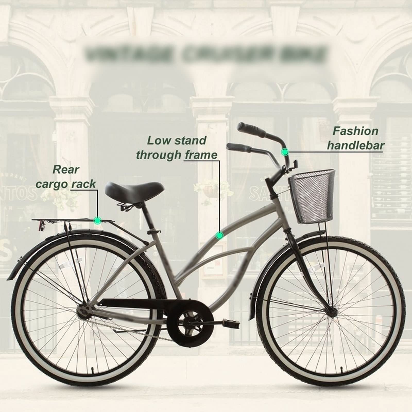 Wonzonezxc Bicycle Single Speed Bicycles for Adults 26 Inch Leisure Beach Cycling with Basket and Cargo Rack Unisex Retro Steel Bikes (Color : Black)