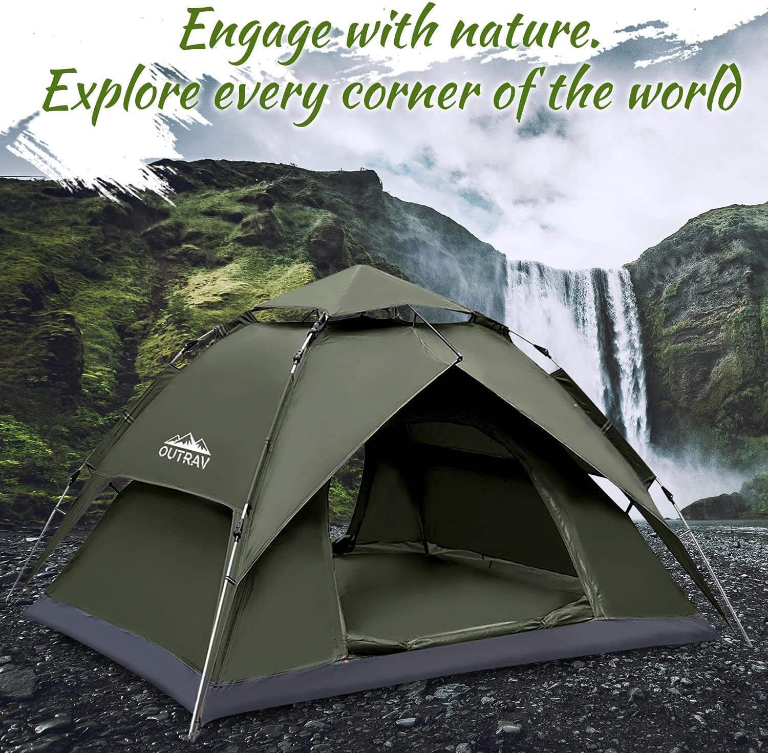 Outrav Easy Automatic Pop-Up Camping Tents for 3-4 People – Lightweight Quick Setup Instant Pop Open Cabin with Two Way Zipper, Lamp Hook, Net Curtain, Stakes, Rope, Carrying Bag