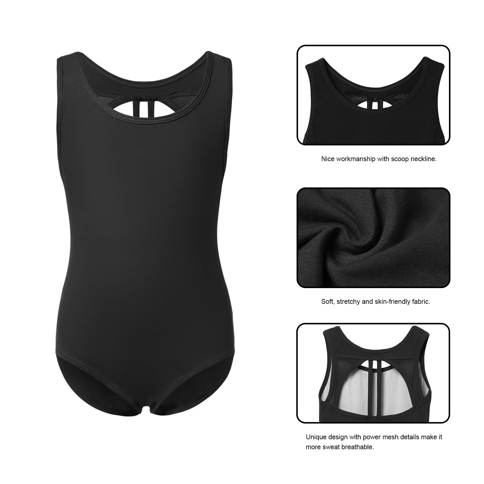 Phineein Girls Sleeveless Ballet Gymnastics Leotards - Kids Athletic Crisscross Mesh Back Dancewear Unitards (10-12Y, Black)