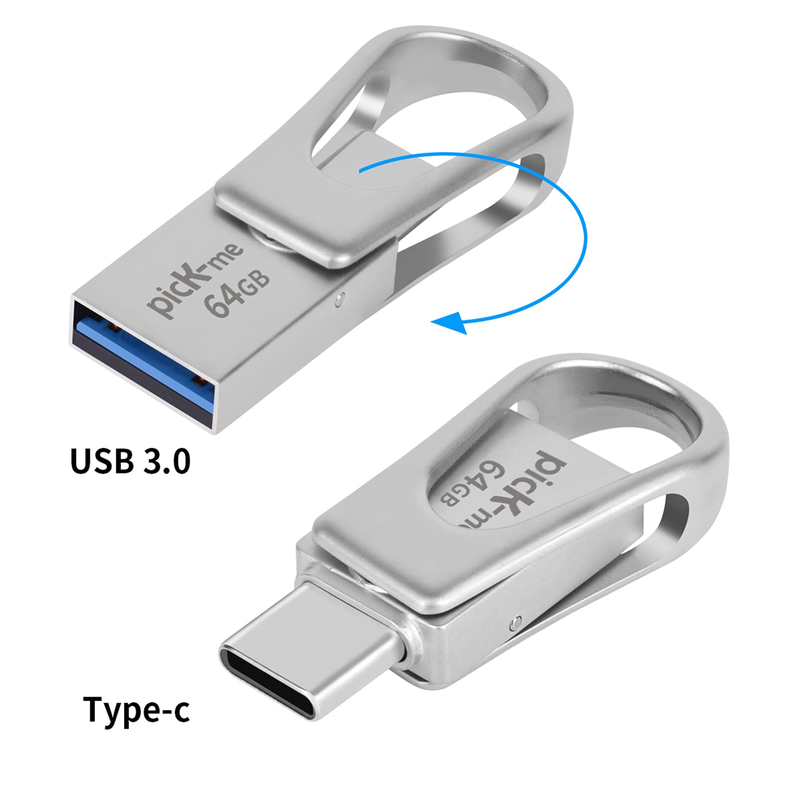picK-me USB C Flash Drive 64GB, 2-in-1 USB 3.0 Thumb Drive, Dual USB Memory Stick Drive High Speed, for Type-C Android Smartphones Tablets and New MacBook (Silver)