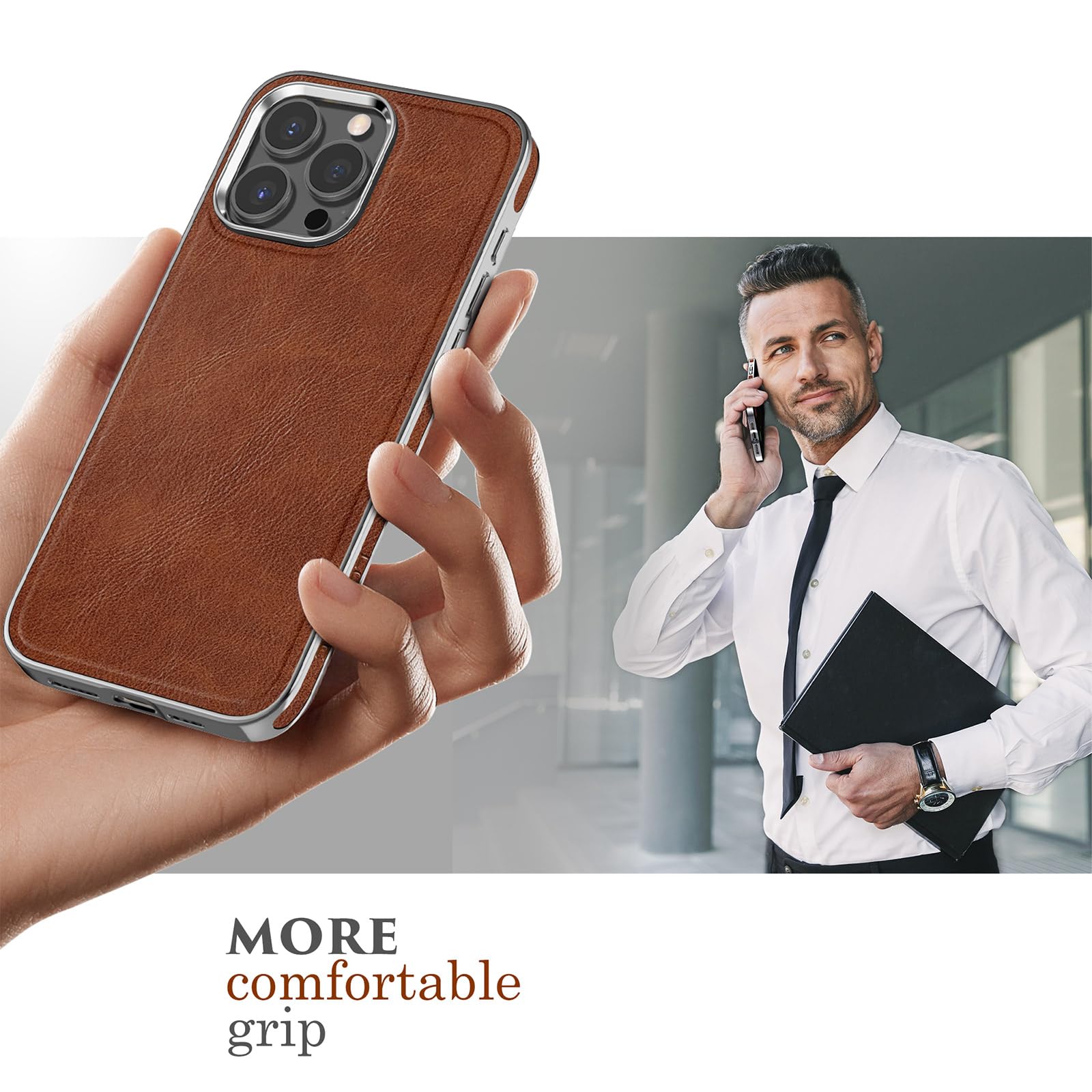 LOHASIC PU Leather Case for iPhone 15 Pro, Luxury Elegant Vintage Phone Cover for Men Women, Anti-Slip Grip Scratch Resistant TPU Bumper, 6.1 Inch, 5G, 2023 - Brown Grey