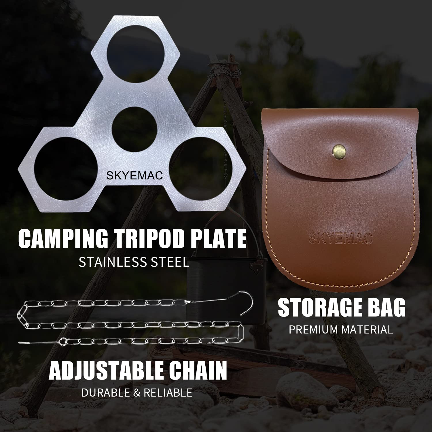 SKYEMAC Camping Tripod Board for Outdoor Cooking - Turn Branches into Campfire Tripod with Adjustable Chain Portable Camp Grill Accessories Stainless Steel for Backpacking Picnic Hiking