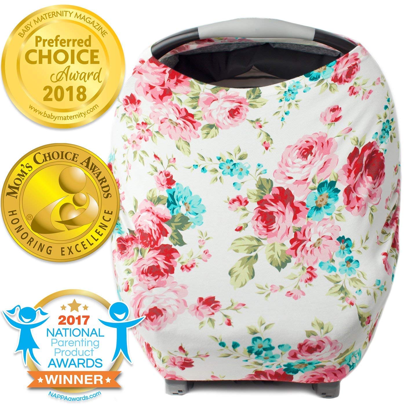 Multi Use Nursing Cover, Car Seat Canopy, Shopping Cart, High Chair, Stroller and Nursing Pillow Cover Bundle - White Floral