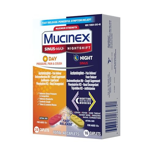 Mucinex Sinus-Max Day Pressure, Pain & Cough & Nightshift Night Sinus Medicine for Adults, Day/Night Combo Pack for Sore Throat Relief, Nasal Congestion Relief, Cough & Cold Medicines, 40 Caplets