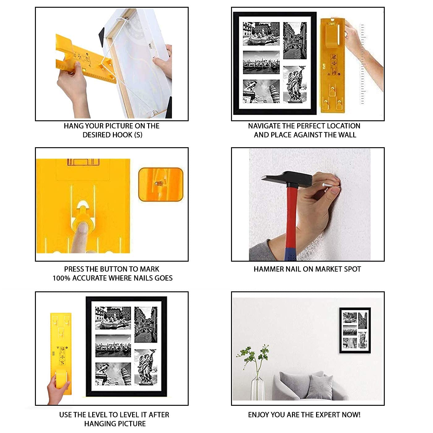 Picture Hanging Tool Kit - Includes Stainless Steel Picture Hanging Hooks 211 Pcs, Level Tool, Picture Frame Hanger, Heavy Duty Photo Hanger Accessories with Hanging Kit, Wire and Nails, Gift for Dad