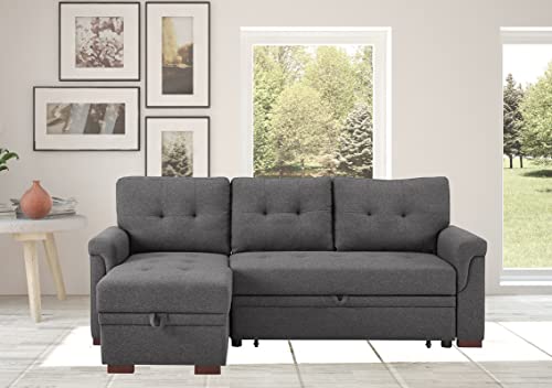 MACHOME Functional Modern L-Shape Linen Reversible Fabric Sleeper Sectional Sofa with Storage Chaise, Dark Gray Corner Couch with Arms for Living Room, Apartment, Home Furniture, Dorm, 53 Inch