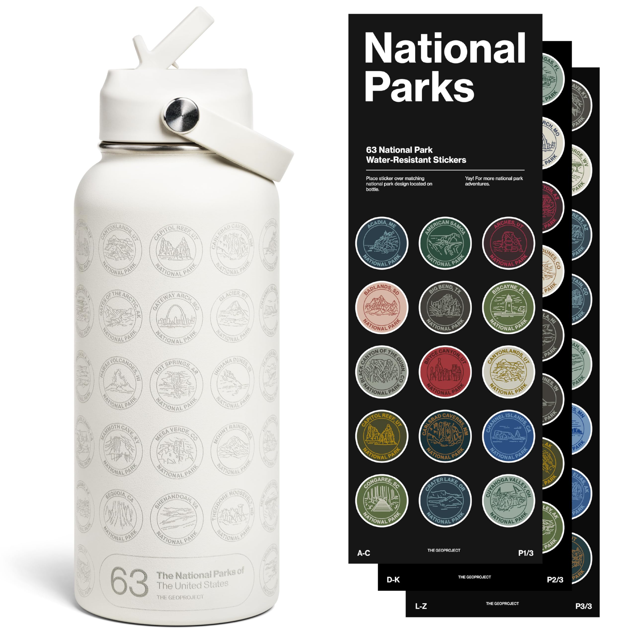 National Parks Water Bottle with Stickers Kit, Adventure Flask with Straw, Waterproof Stickers for Water Bottle, Insulated Stainless Steel 32oz (Tan)
