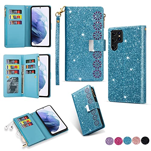 Phone Protective Case For Samsung Galaxy S22 Ultra Phone Case Multi-card Slots Starry Sky Laser Carving Glitter Zipper Horizontal Flip Leather Case Holder Shockproof And Scratch-proof Case, For Samsun