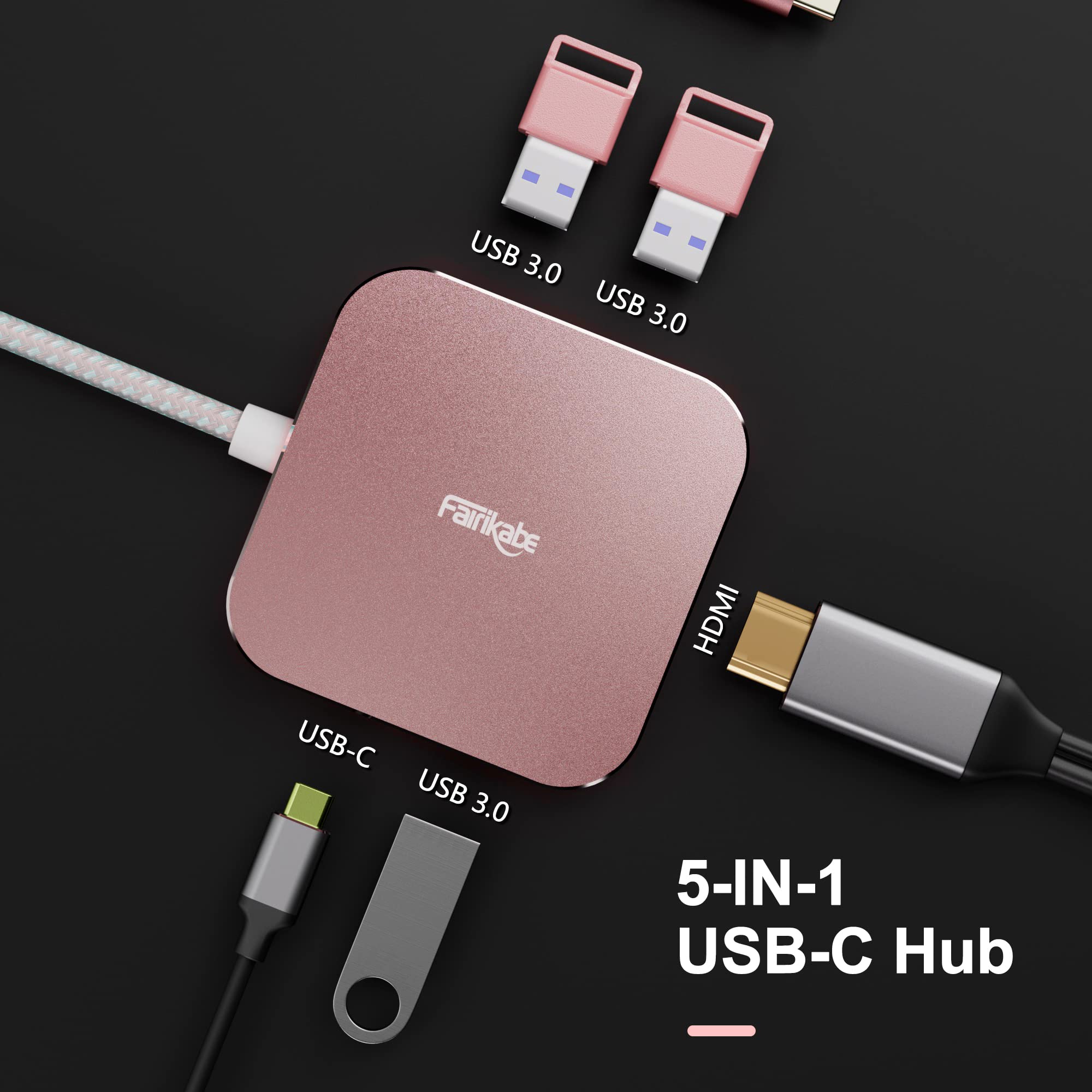 USB C to HDMI Multiport Adapter, fairikabe USB C Hub to 4K HDMI Power Delivery 3USB3.0, 5 in 1 USB C HDMI Hub with Long Cable 1.5FT, for MacBook Air, MacBook Pro and Other USB-C DP Alt Mode Devices