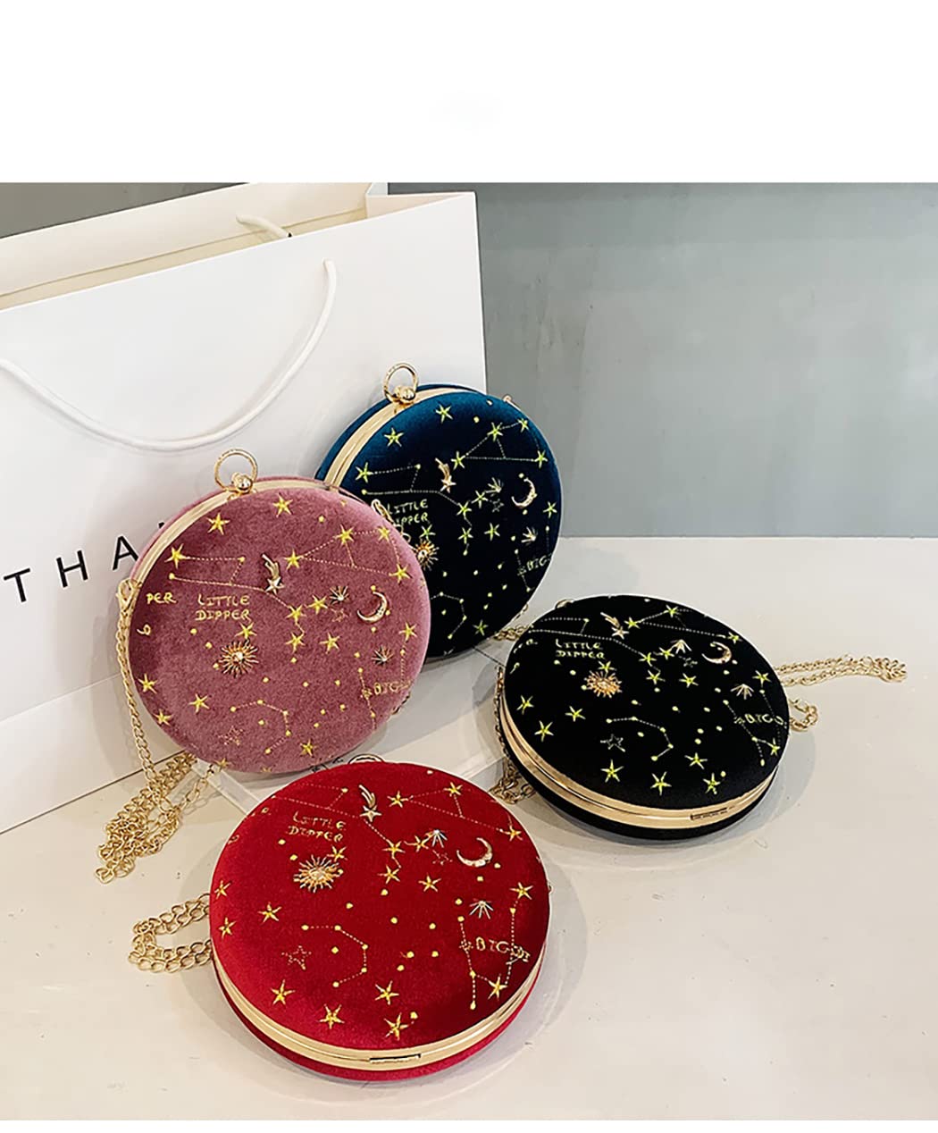 Suede Bun Bag, Embroidered Lock Bag, Sun Moon Star Cross Bag, Vintage Evening Party Bag (Black)