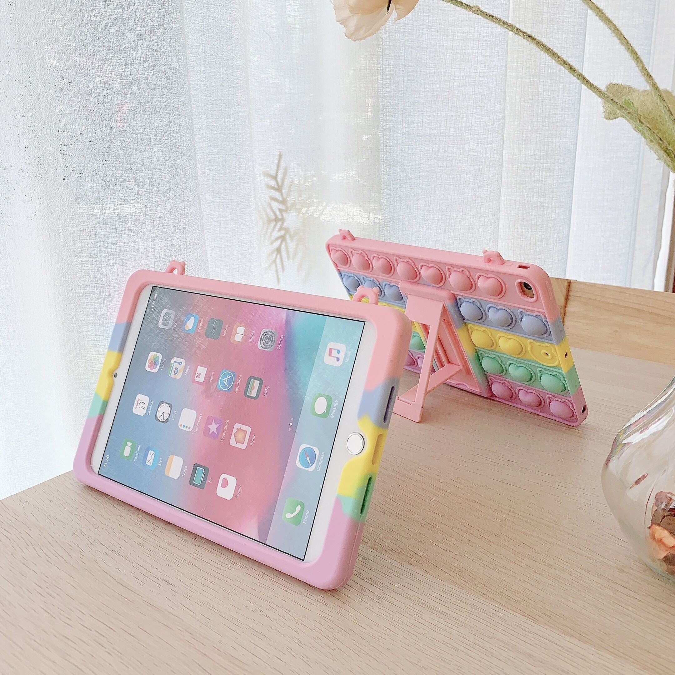 Rainbow Silicone Cute Case Compatible with Galaxy Tab A 10.1" 2019(T510/T515), Shockproof Case With Lanyard&Kickstand&Pendent
