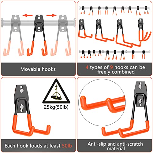 yuzziko Heavy Duty Garage Tool Storage System with 9 Hooks, Steel Organizer Wall Mounted Rack, Ultility Garden Tool Hangers 47 Inch for Broom, Mop, Rake Shovel