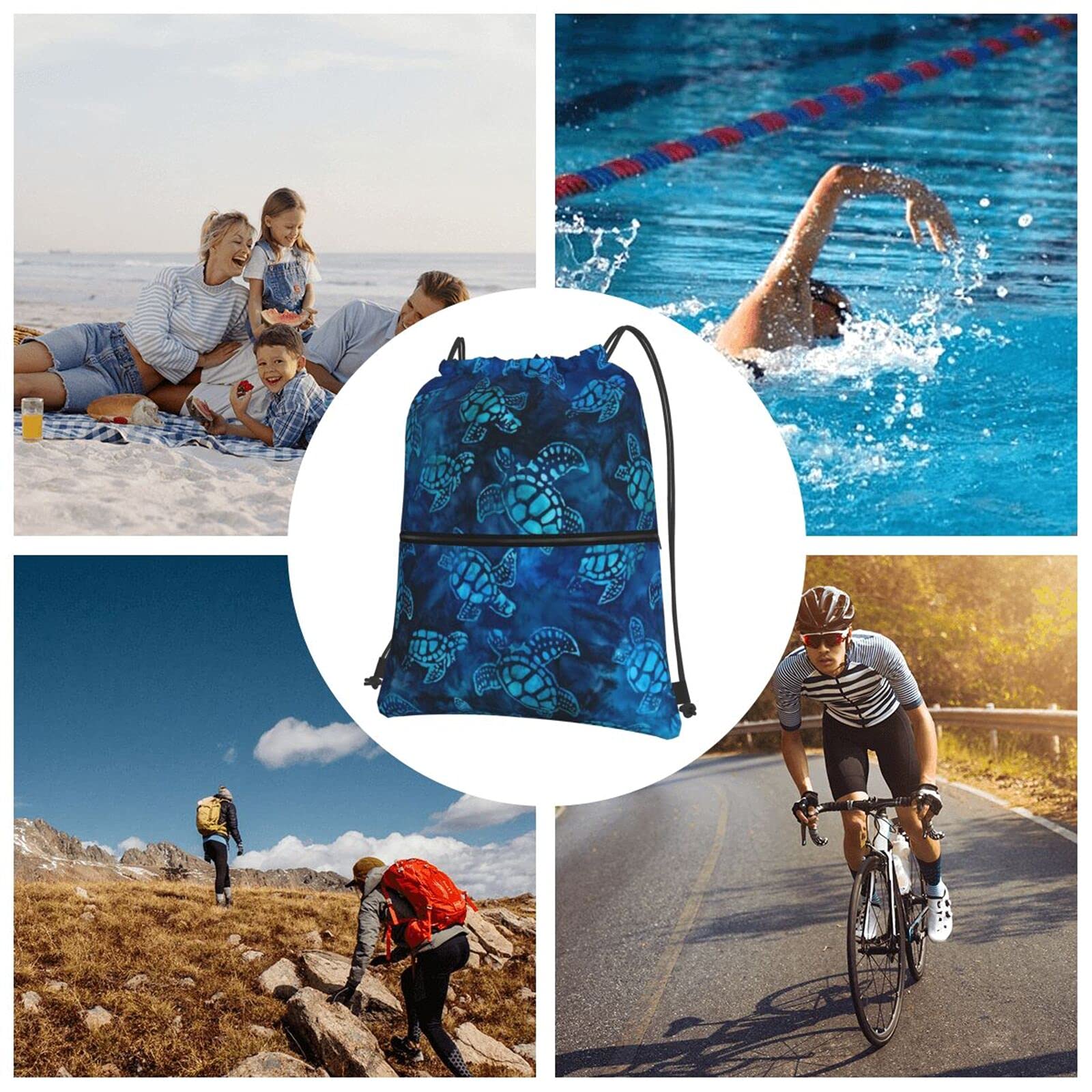 OVPSZFYO Cute Blue Sea Turtle Waterproof Drawstring Backpack Bag Gym for Women Men with Zipper Pocket Light Draw Sports String Back Beach Travel Cinch Sack One Size