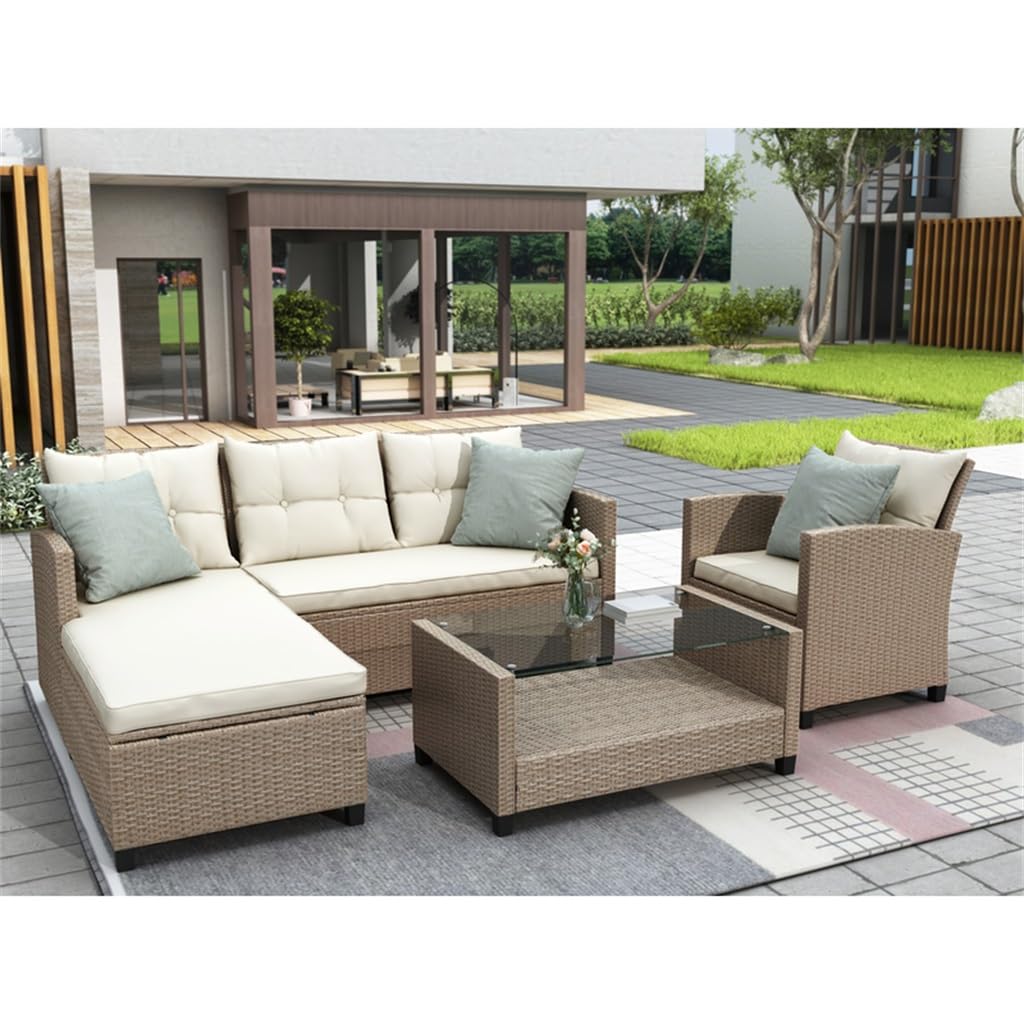 LIUZH Beige Brown Outdoor, Patio Furniture Sets, 4 Piece Conversation Set Wicker Ratten Sectional Sofa