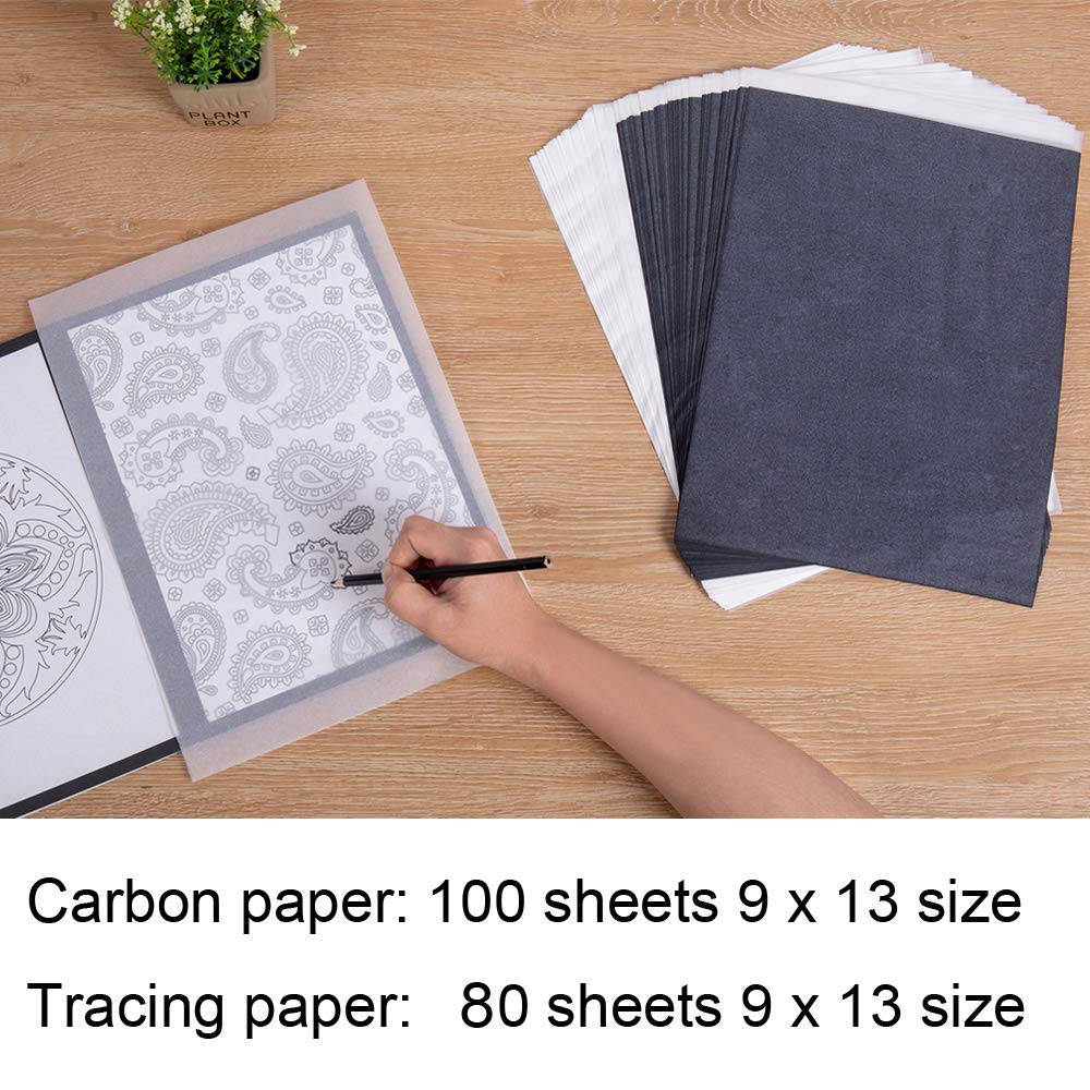 Offeara Carbon Paper, Large Size Graphite Paper, Tracing Paper for Drawing, Black Transfer Paper and Trace Paper, 180 Sheets (9 x 13 Inches) with 5pcs Embossing Styluses Stylus