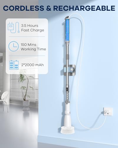 MABOGU Electric Spin Scrubber, Cordless Shower Scrubber with 8 Replaceable Brush Heads, Bathroom Scrubber Electric Dual Speeds, Shower Cleaning Brush with Extension Arm for Tub Tile Floor(Grey&White)