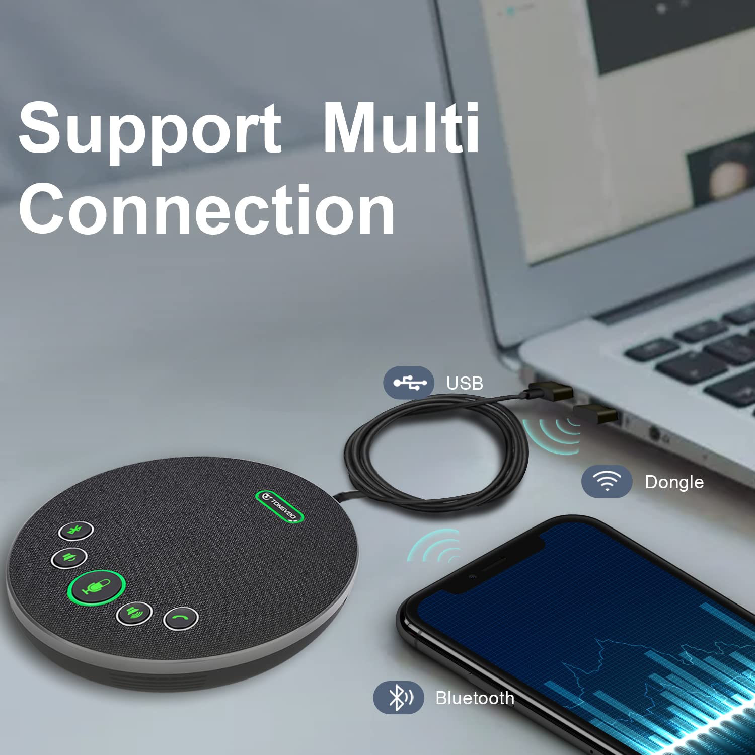 TONGVEO Wireless Speakerphone Conference Speaker,Daisy Chain 2.4G USB Speaker with Expandable Microphone with 360° Voice Pickup,Full Duplex Speakerphone Noise Canceling Mics for 20 People Conference