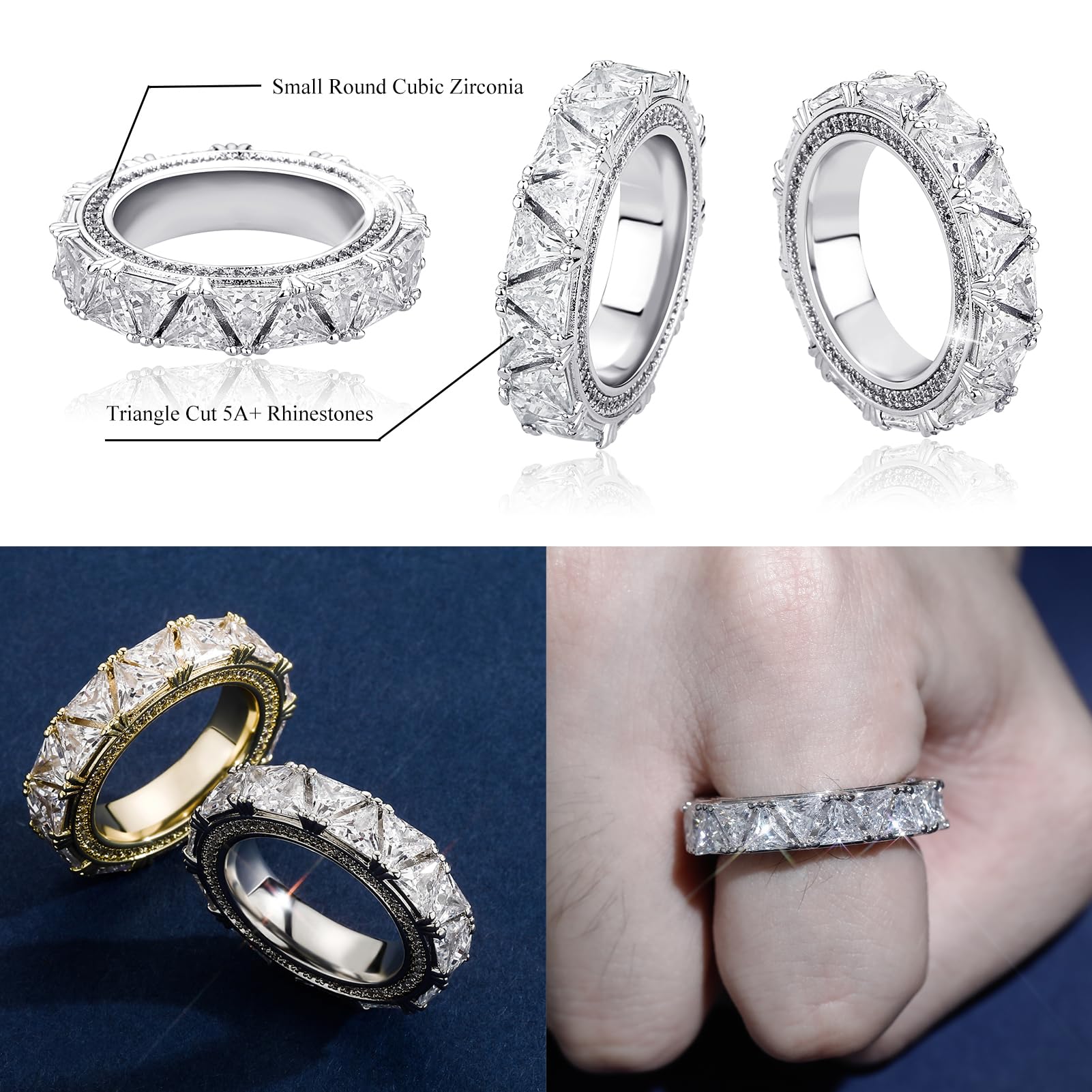 OYOGAA 14K Gold Plated Ring 5A+ Iced out Lab Simulated Diamond Band Triangular Zircon Ring for Men. (11, Gold)