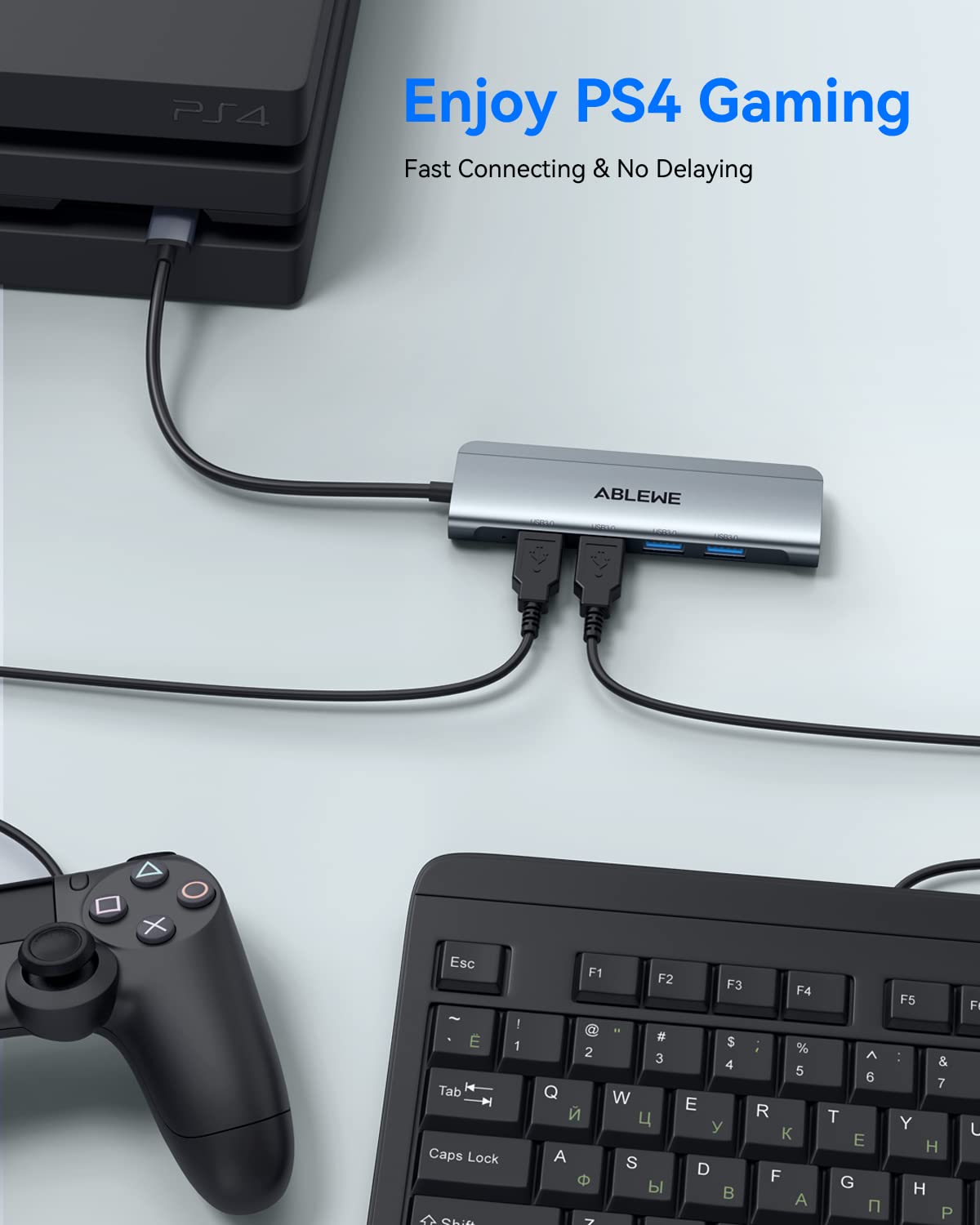 USB Hub, ABLEWE 4-Port USB Splitter for Laptop, Slim USB 3.0 Hub Keyboard and Mouse Adapter Compatible with PC, Laptop, MacBook Air, Mac Pro, iMac, Dell, Surface Pro, Flash Drive, Mobile HDD