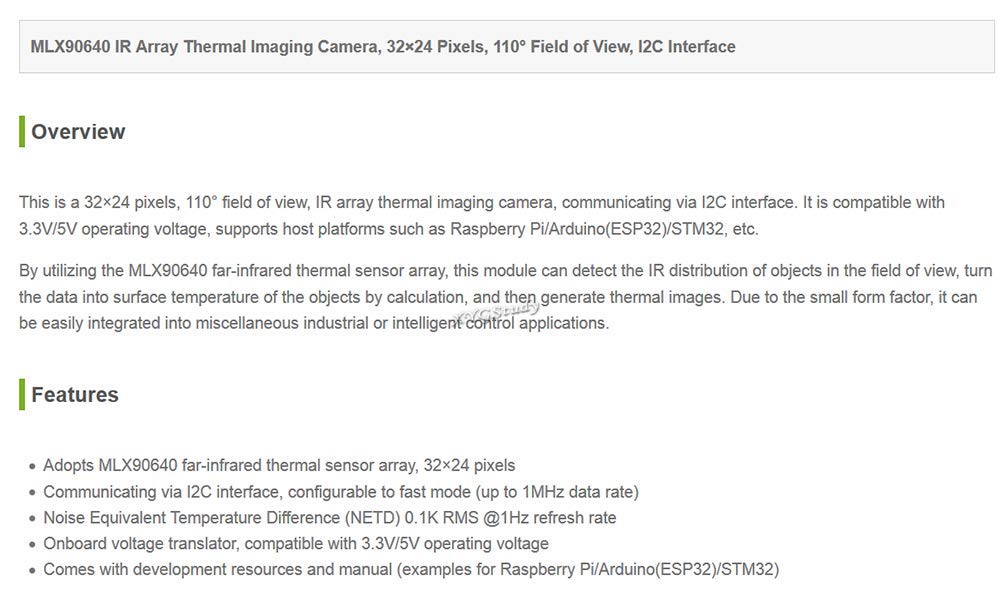 MLX90640 IR Array Thermal Imaging Camera 32×24 Pixels 110° Field of View I2C Interface 3.3V/5V Compatible with Raspberry Pi (ESP32) STM32 @XYGStudy (MLX90640-D110 Thermal Camera)