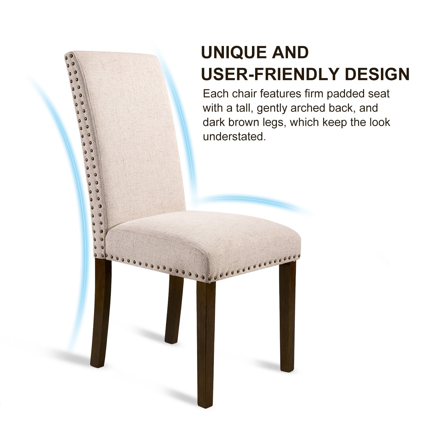 Merax Dining Chairs Set of 2, Dining Room Chairs, Fabric Padded Upholstered Side Chair with Solid Wood Legs & Nailed Trim (Beige+Brown, Set of 2)