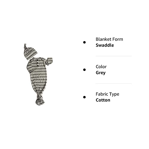 Newborn Baby Cotton Striped Gown Swaddle Wrap Knotted Sleepwear Sleeping Bags + Warm Headband (Grey, 0-6M)