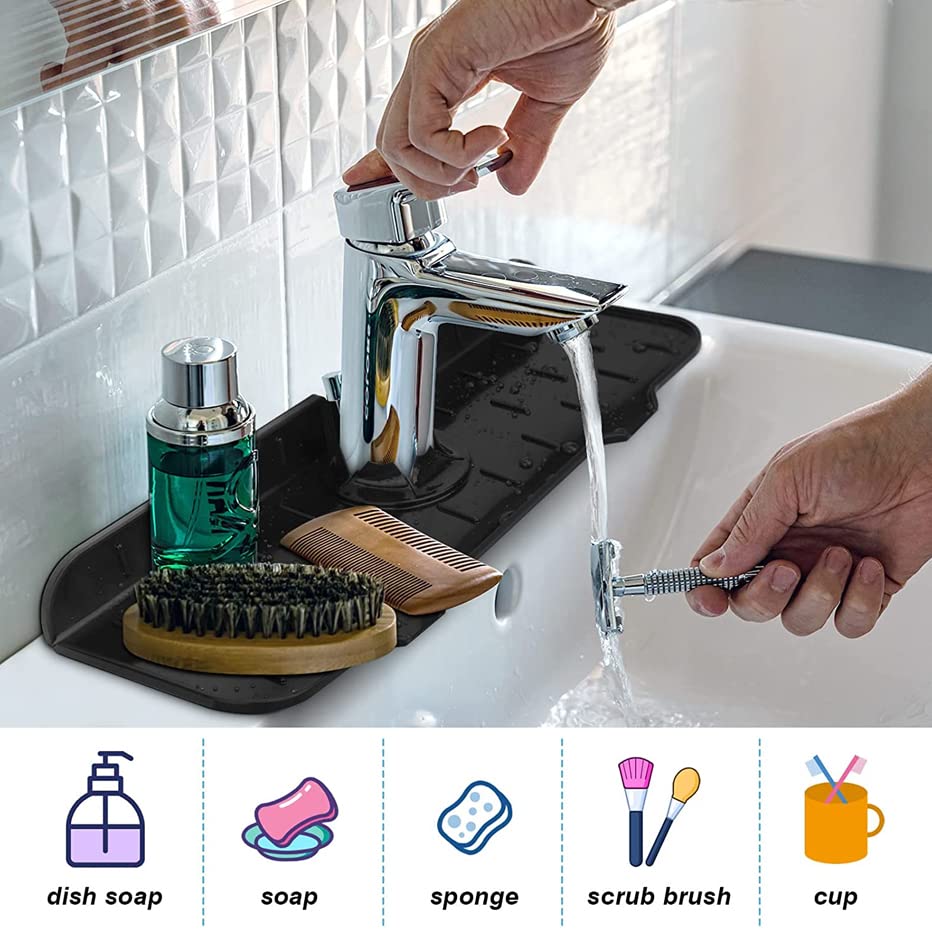 Silicone Sink Splash Guard with Dish Soap Sponge Holder, Bathroom Faucet Water Catcher Mat, Absorbent Drain Drying Pad, Mat Self Draining Drip Catcher, Black, 14.6 x 5.5 x 4.3, (J-BLACK)