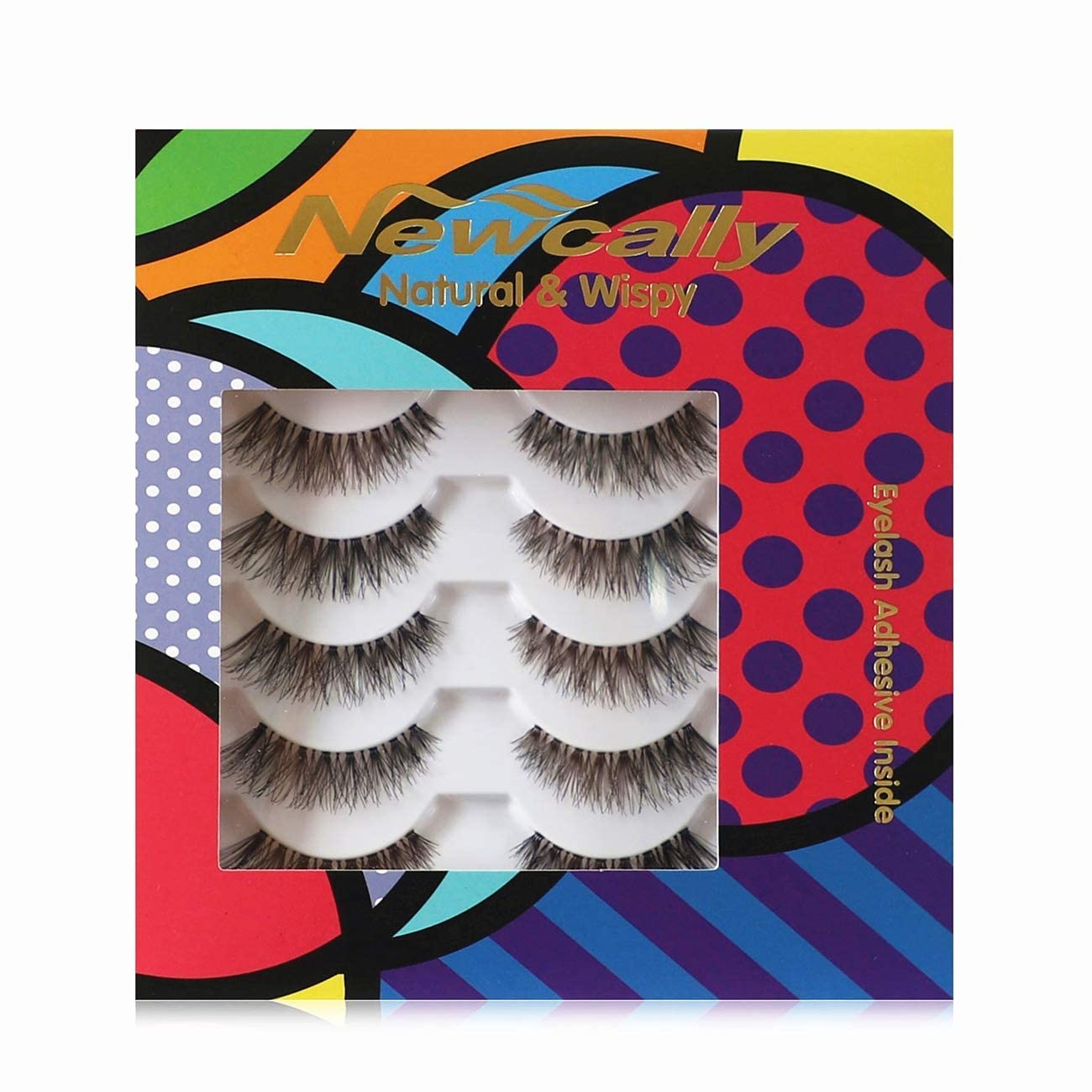 Newcally Lashes Wispy Fake Eyelashes with Glue Set 5 Pairs Natural 3D False Lashes Fluffy Volume Long Strip False Eye Lashes Handmade Luxurious Fake Lashes Pack