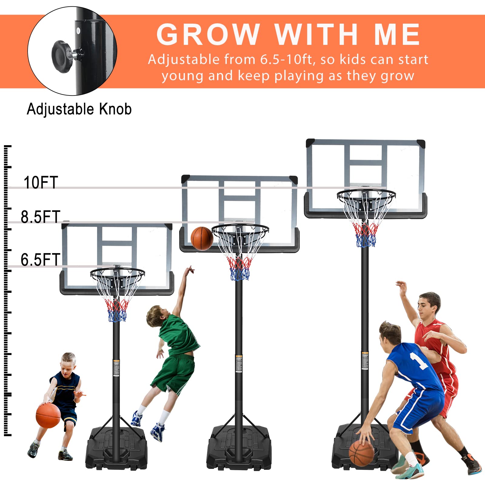 Rakon Teenagers Height Adjustable 6.5-10'Basket 44 "Backboard Portable Basket System for Indoor and Outdoor use
