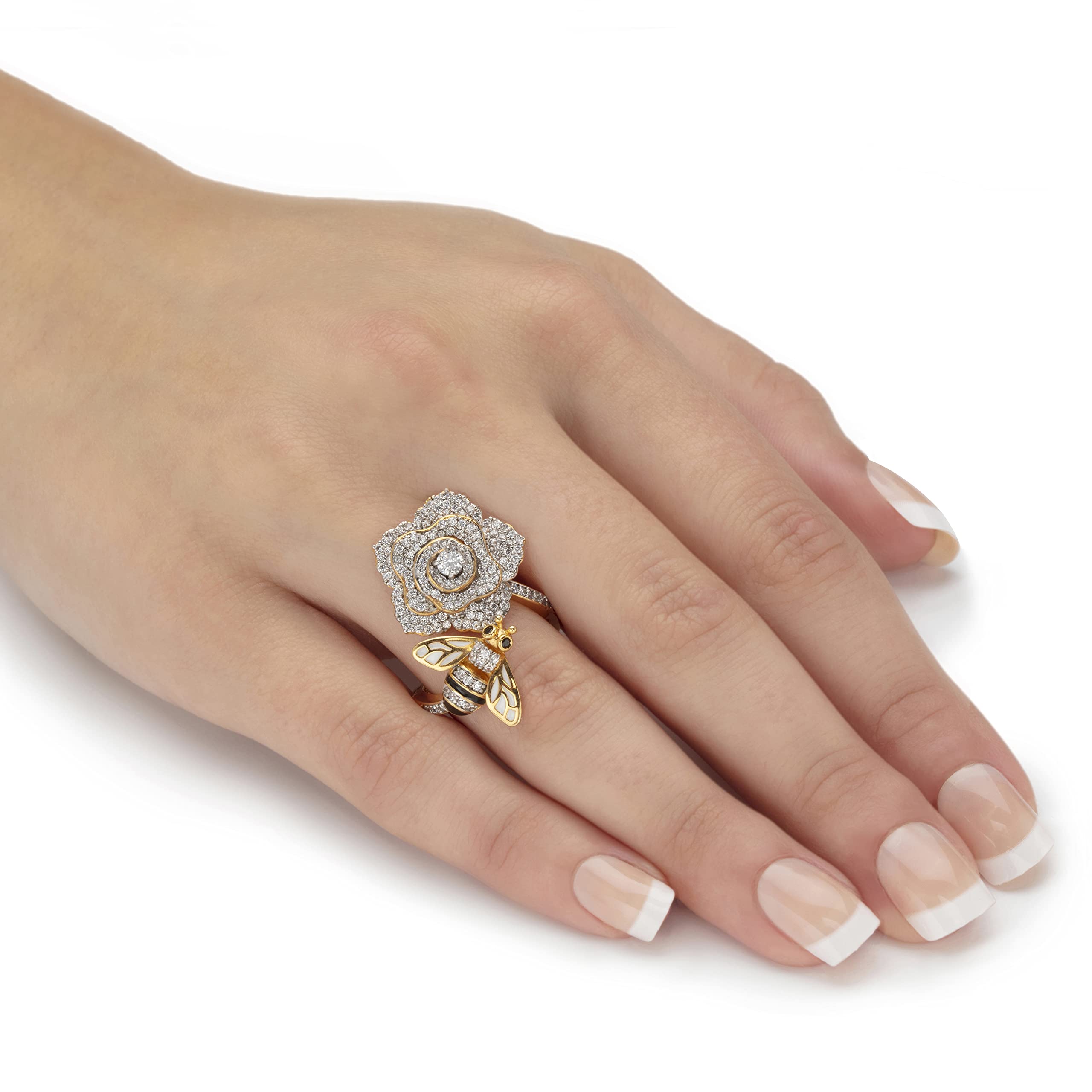 PalmBeach Jewelry Yellow Gold-Plated or Platinum-Plated Round Cubic Zirconia Flower and Bee Ring Size 8
