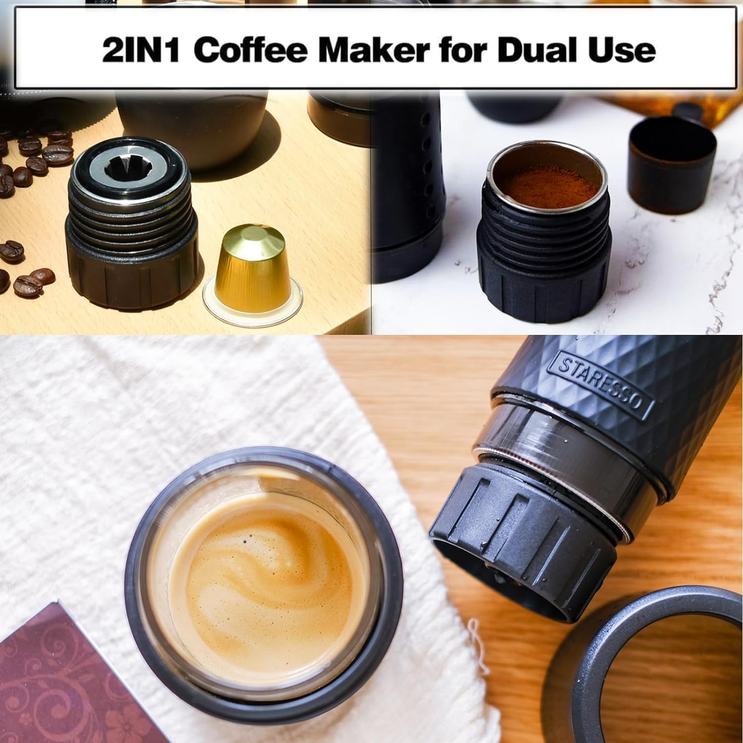 STARESSO Classic Portable Espresso Maker, 2 in1 Travel Coffee Maker,Compatible Capsules and Ground Coffee,Manual Espresso Machine,Hand Press Coffee Maker for Kitchen Travel,Camping,Hiking