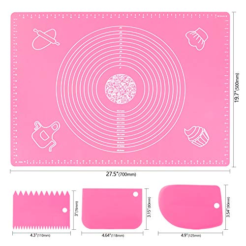 Silicone Pink 70x50cm Baking Mat Sheet Pastry Mat with Measurement, Non-Slip Pastry Rolling Mat, Non-Stick Dough Kneading Board Mat, Bread Fondant Mat, Cooking Bakeware Mat Table Placemat(Scraper)