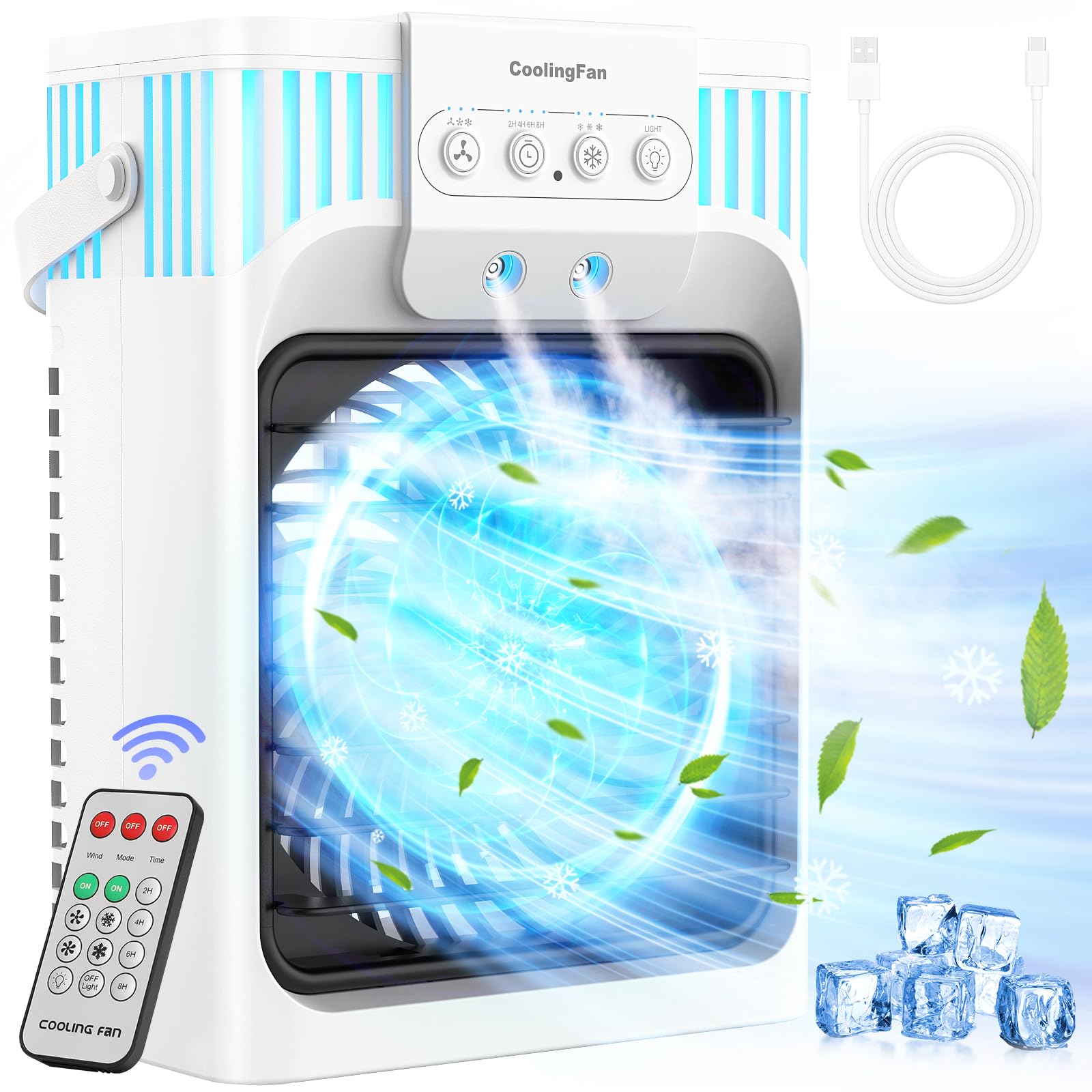 VICELEC Portable Air Conditioner Cooling Fan with Remote, Quiet with 3 Speeds, 1200ml Evaporative Personal Air Cooler Fan with 3 Mist, 7 Night Light, 8H Timer, Small Air Conditioner for Bedroom Office